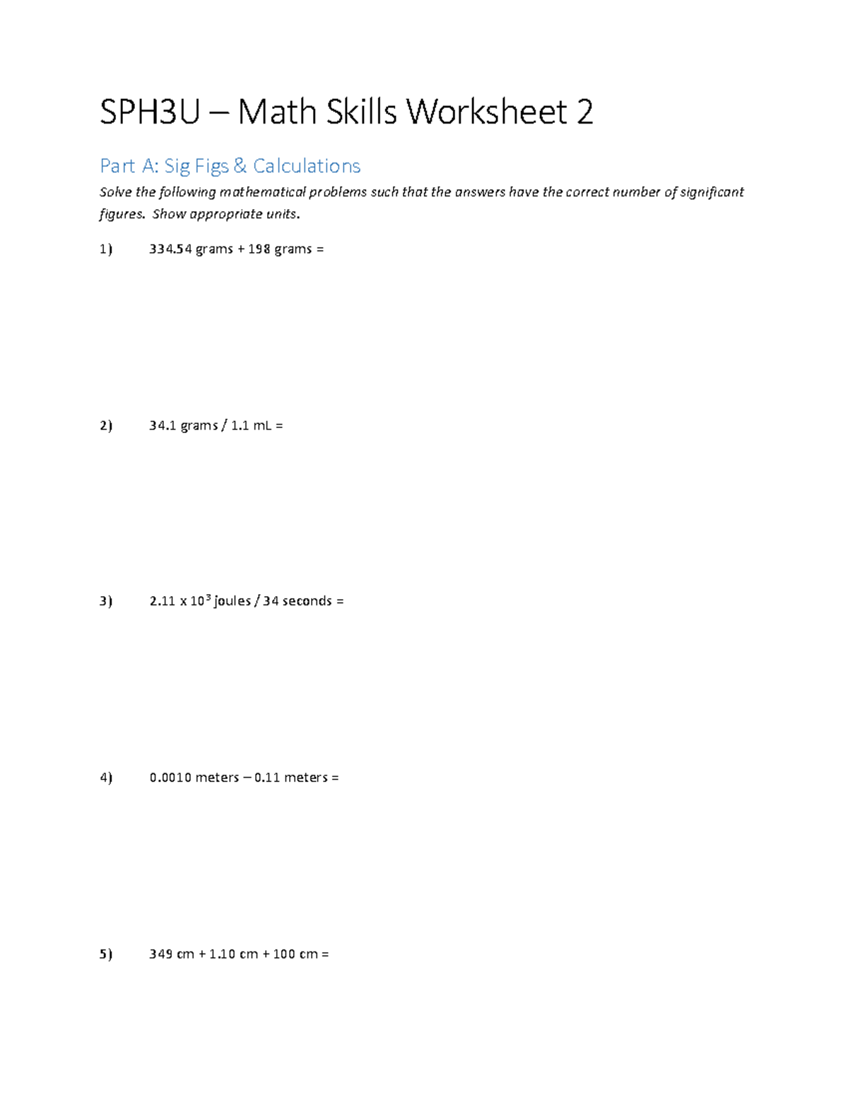 SPH3U Math Skills Worksheet 2 - SPH3U – Math Skills Worksheet 2 Part A ...