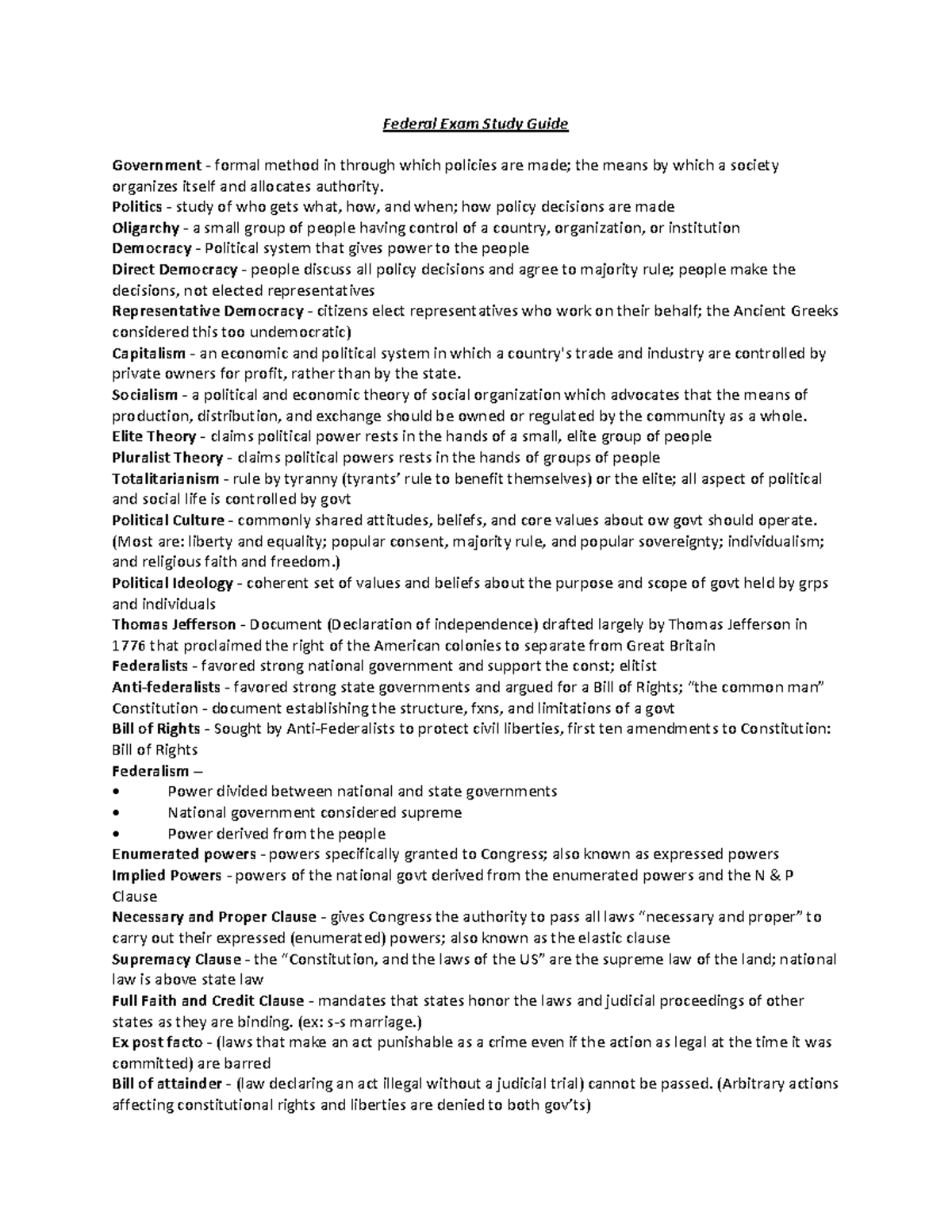Fed gov ex 1 study guide - Federal Exam Study Guide Government - formal ...