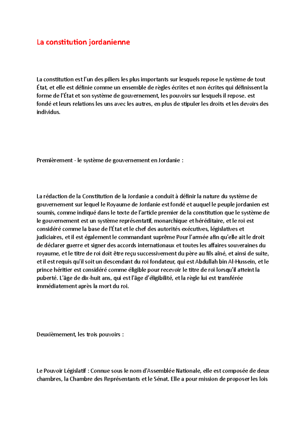 La Constitution jordanienne - est fondé et leurs relations les uns avec ...