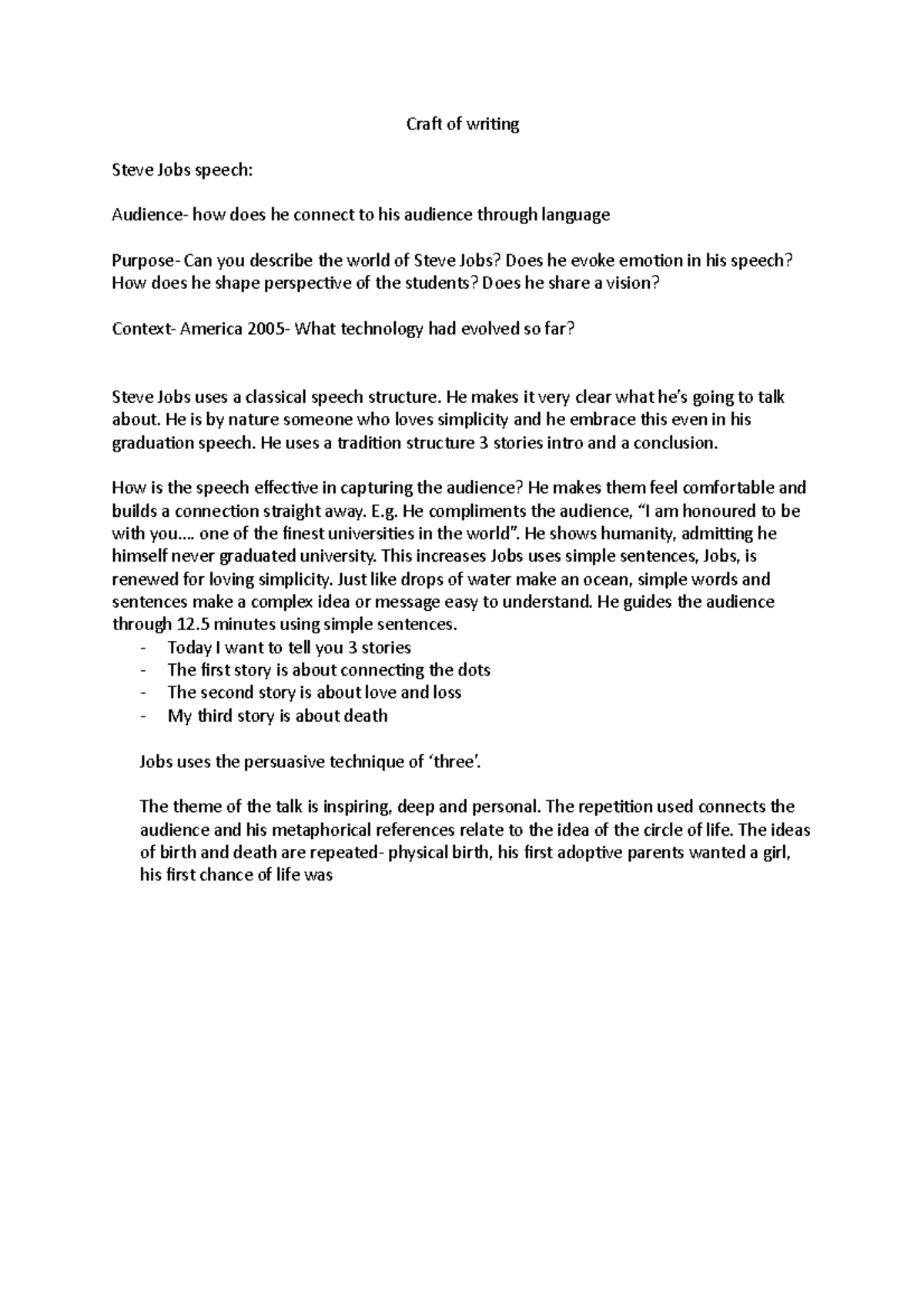 Craft of writing - Notes - Craft of writing Steve Jobs speech: Audience ...