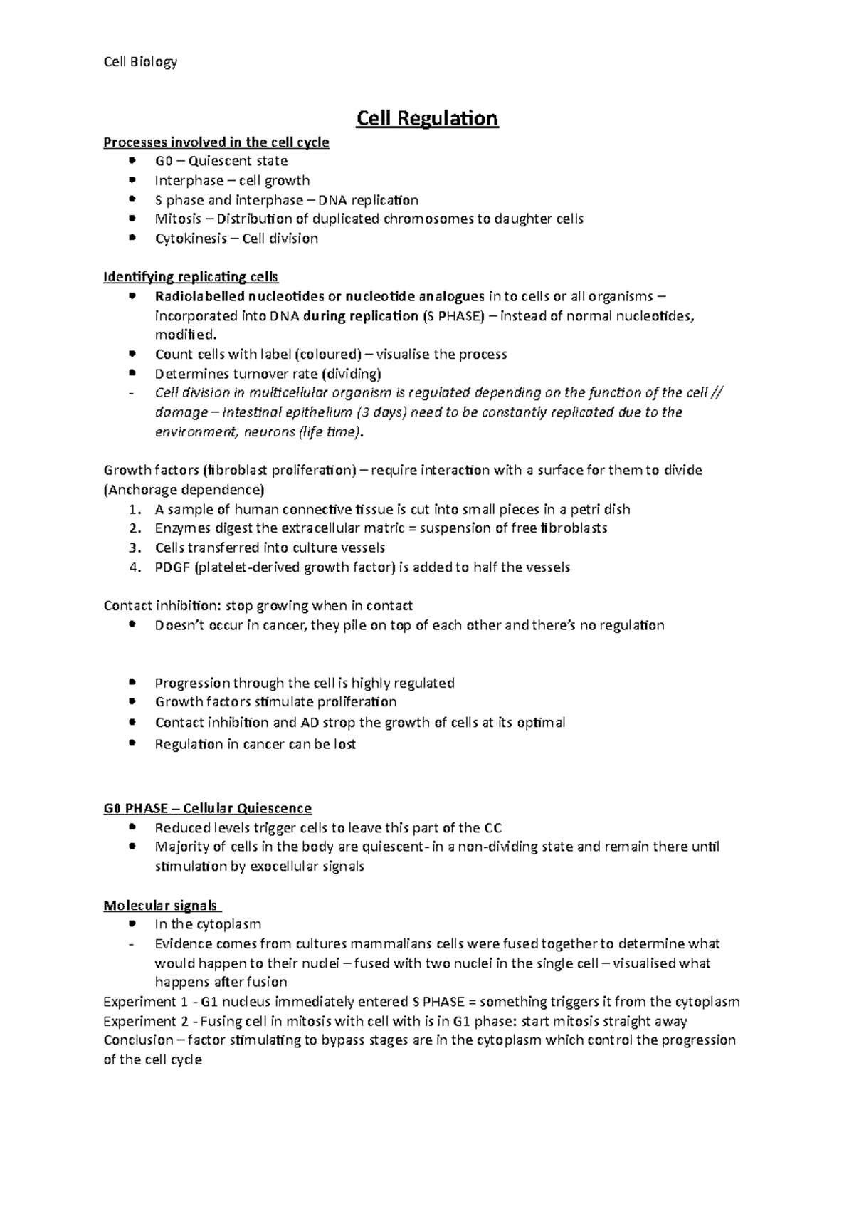 Cell Regulation - notes - Cell Biology Cell Regulation Processes ...