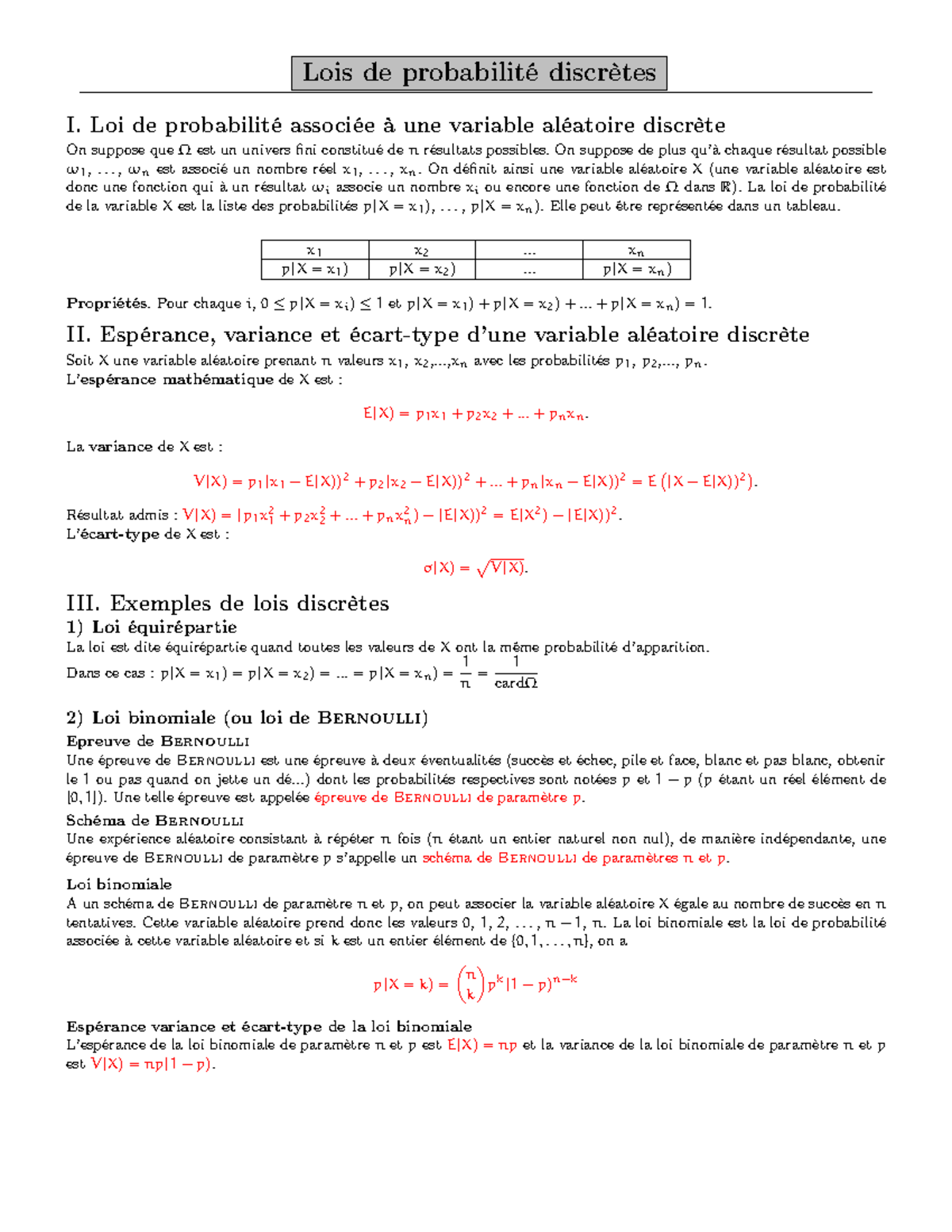 Resume Lois de probabilite discretes 2bac biof Sciences Mathematiques 1 ...
