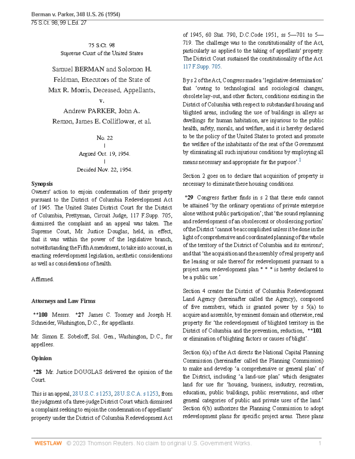 Berman v Parker - 75 S. 98, 99 L. 27 75 S. 98 Supreme Court of the ...