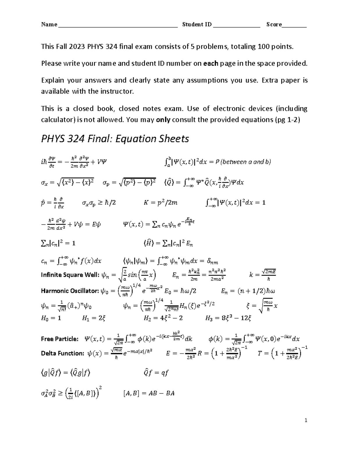 Quantum 324 Equation Sheet - Name ...