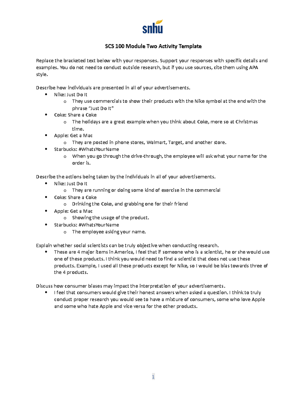 SCS 100 Module Two Activity - Support your responses with specific ...
