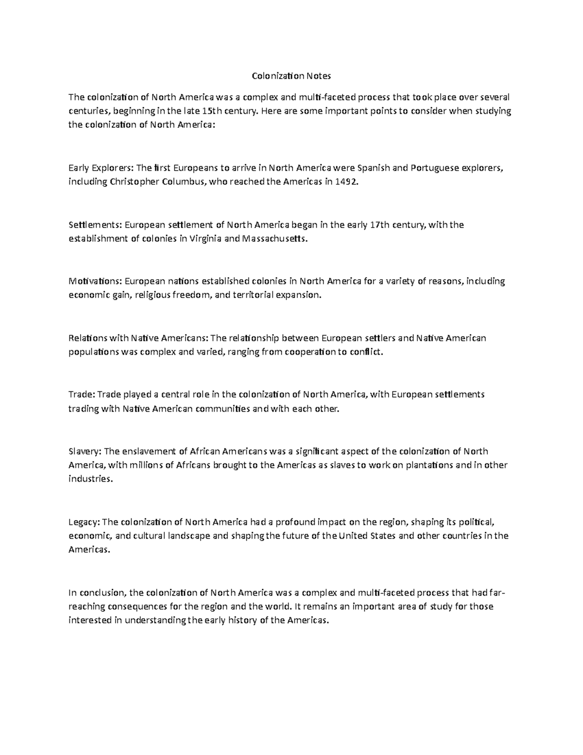 Colonization Notes - The colonization of North America was a complex ...