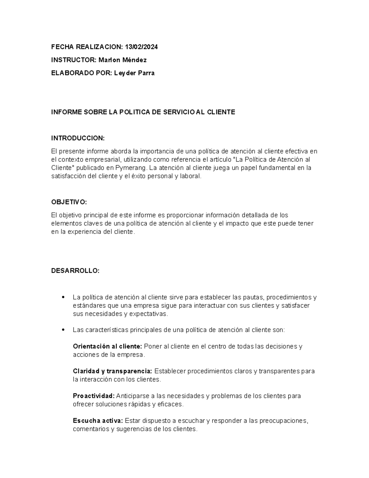 Informe Servicio AL Cliente - FECHA REALIZACION: 13/02/ INSTRUCTOR ...