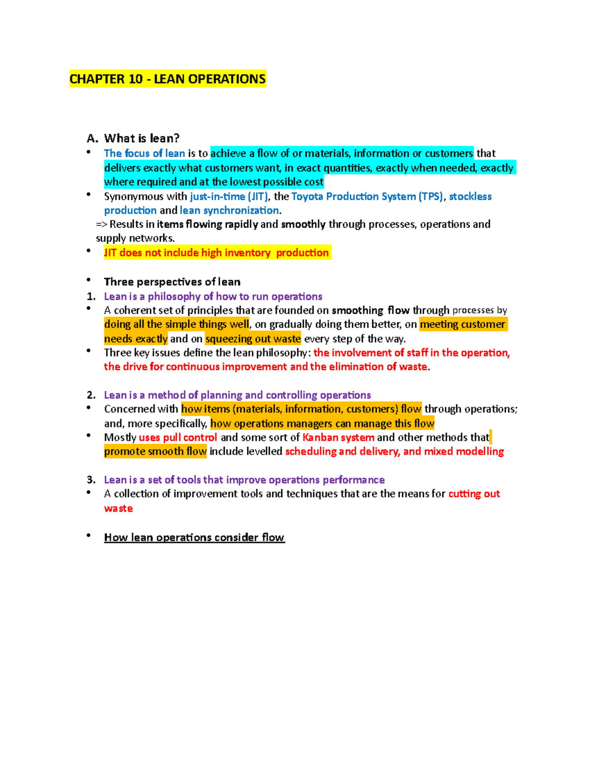 Processes and operations chapter 10 summary - CHAPTER 10 - LEAN ...