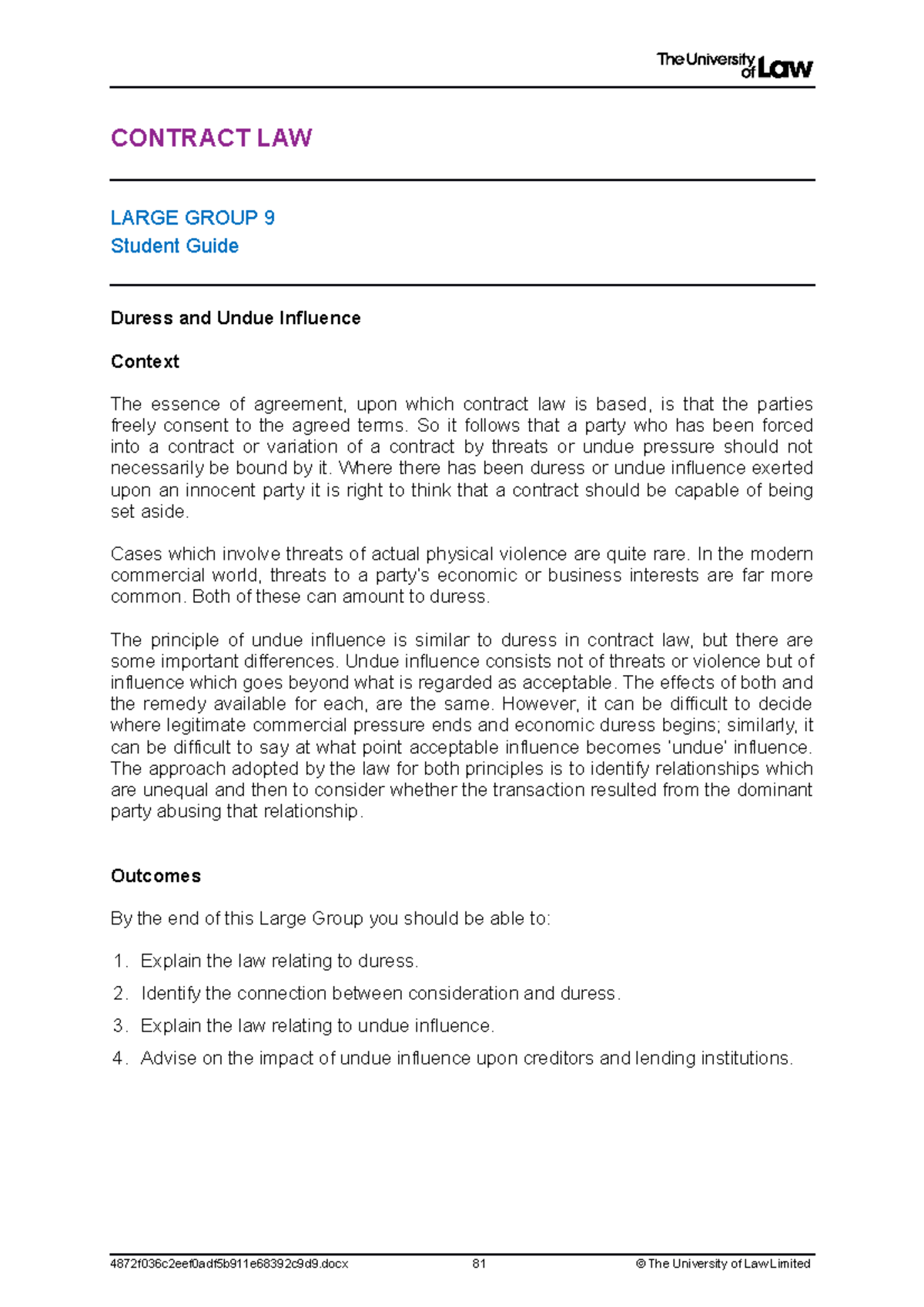 2223 cont lg09 ce01 student guide - CONTRACT LAW LARGE GROUP 9 Student Guide Duress and Undue ...