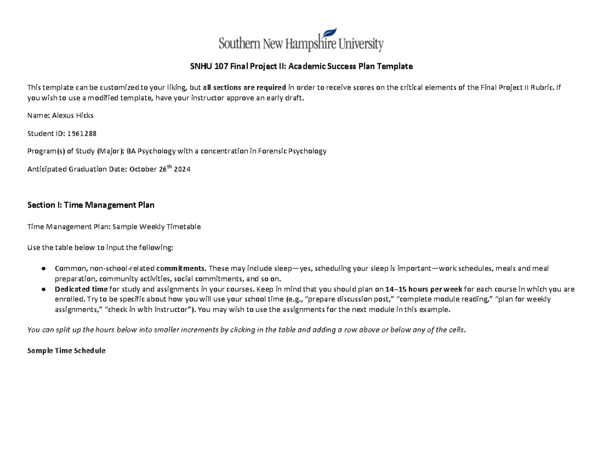 SNHU 107 Final Project II Academic Success Plan Template - If you wish ...