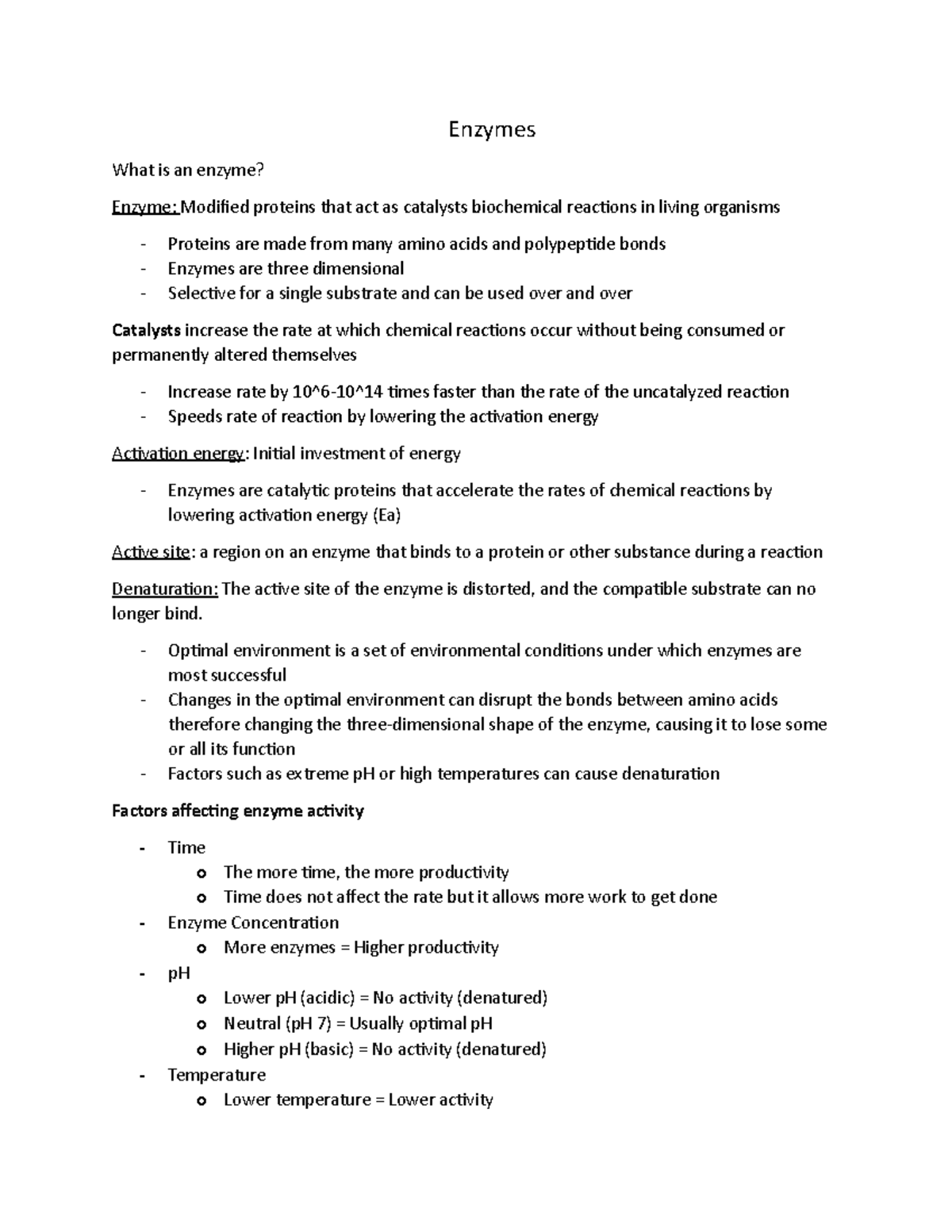 Biology 101 Lab 9: Enzymes - Enzymes What is an enzyme? Enzyme ...
