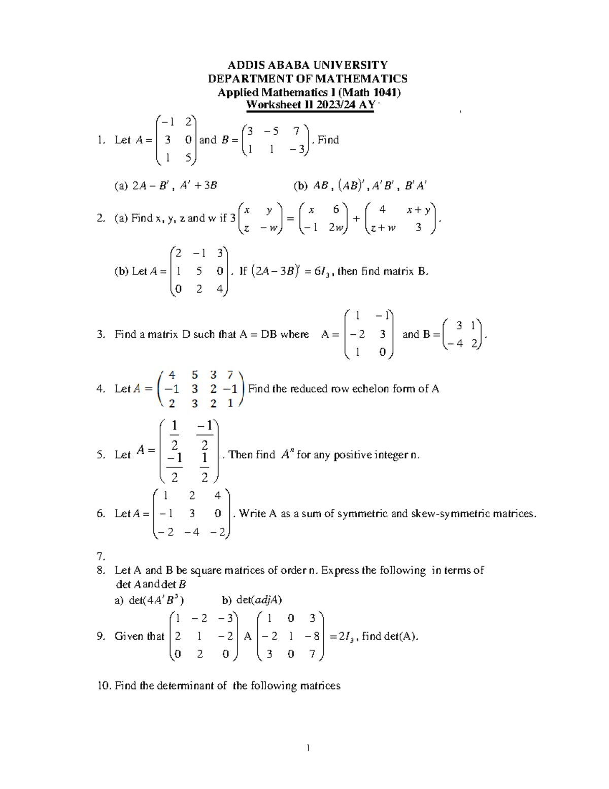 Applied I (Math1041) WII - 1 DEPARTMENT OF MATHEMATICS ADDIS ABABA ...