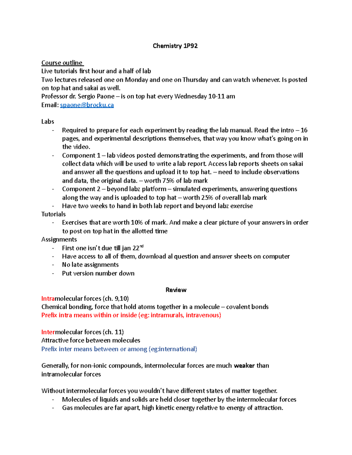 Chem1P92 Lec. 1 - Chemistry 1P Course outline Live tutorials first hour ...