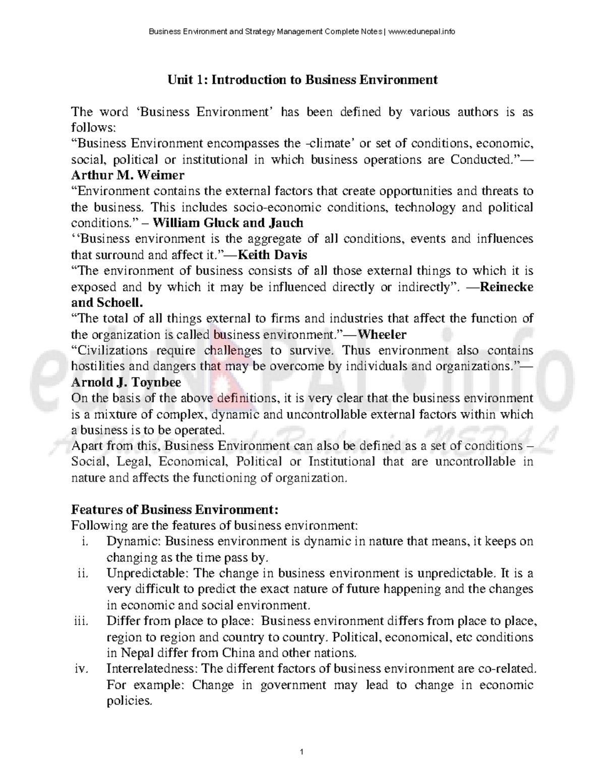 Unit-1-Introduction-to-Business-Environment - Unit 1: Introduction to Business Environment The ...