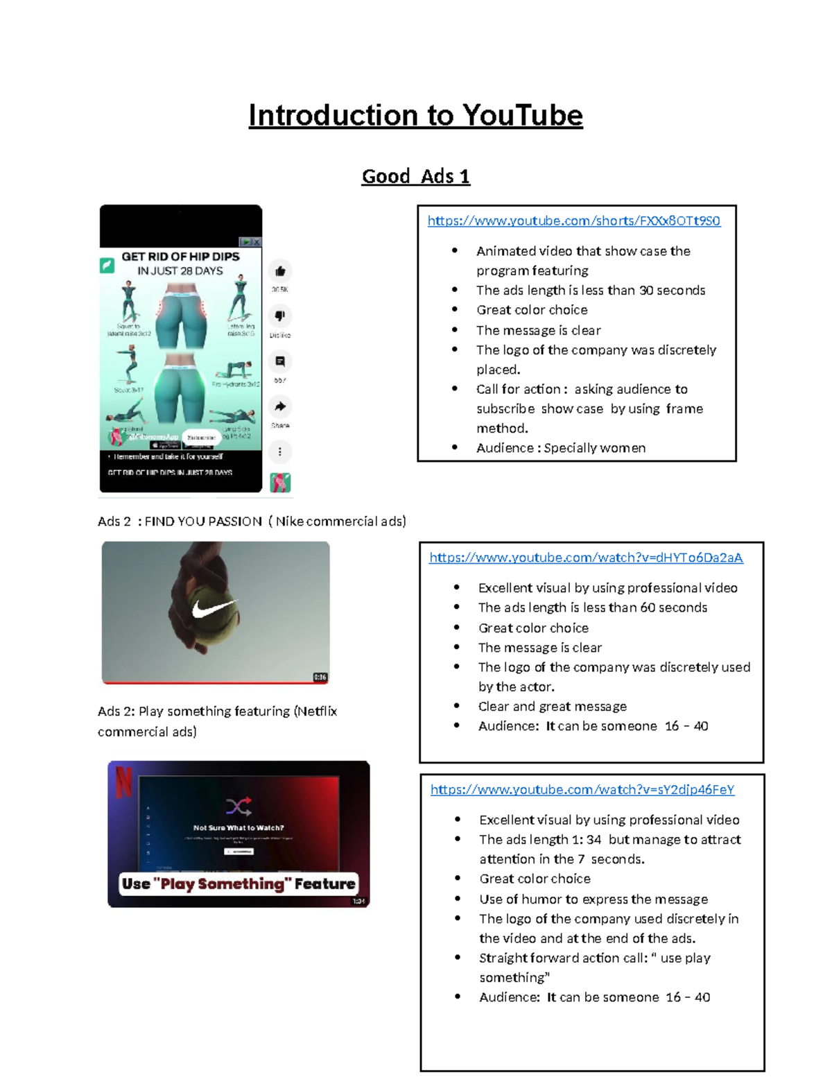 Introduction to You Tube - Introduction to YouTube Good Ads 1 Ads 2 ...