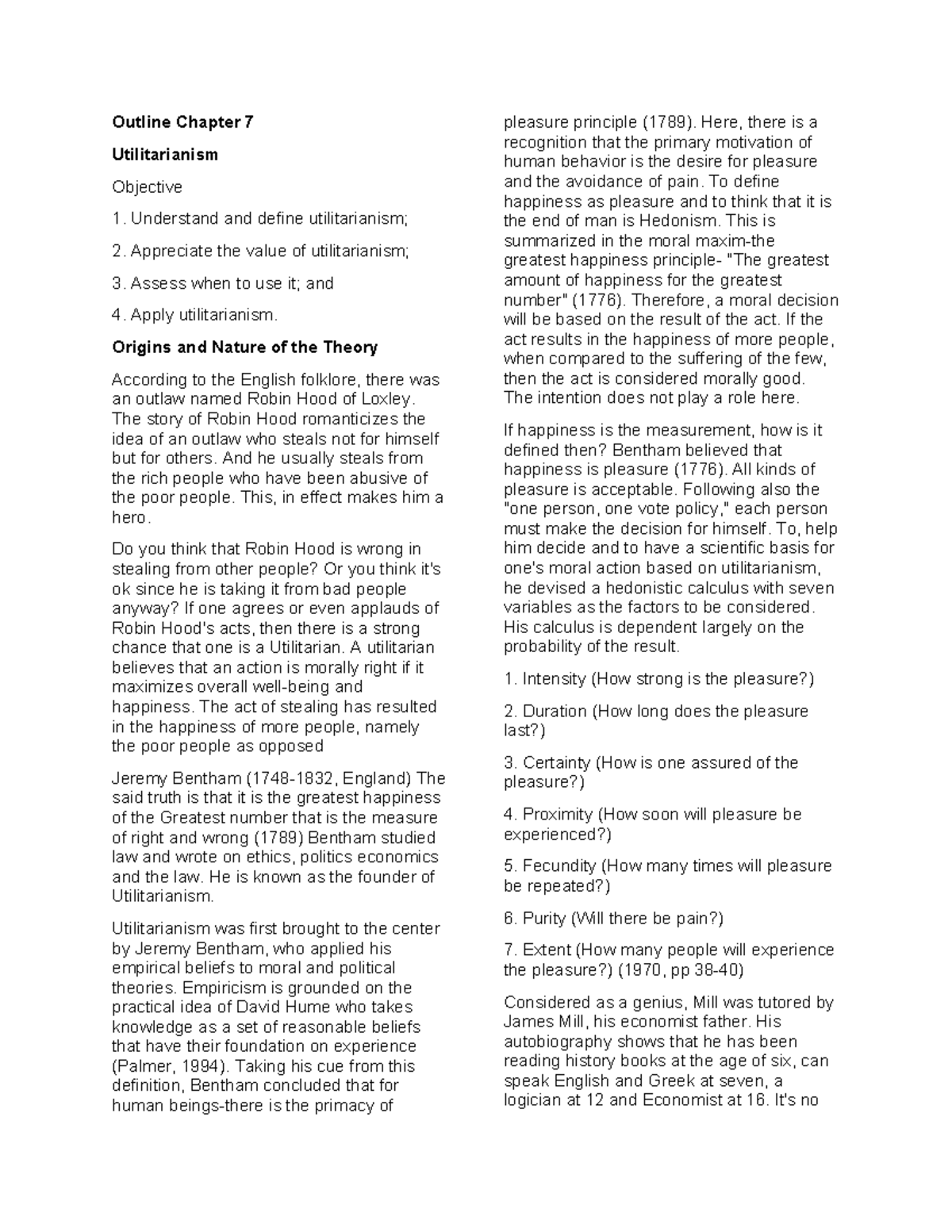 Ethics Outline Chapter 7 - Outline Chapter 7 Utilitarianism Objective ...