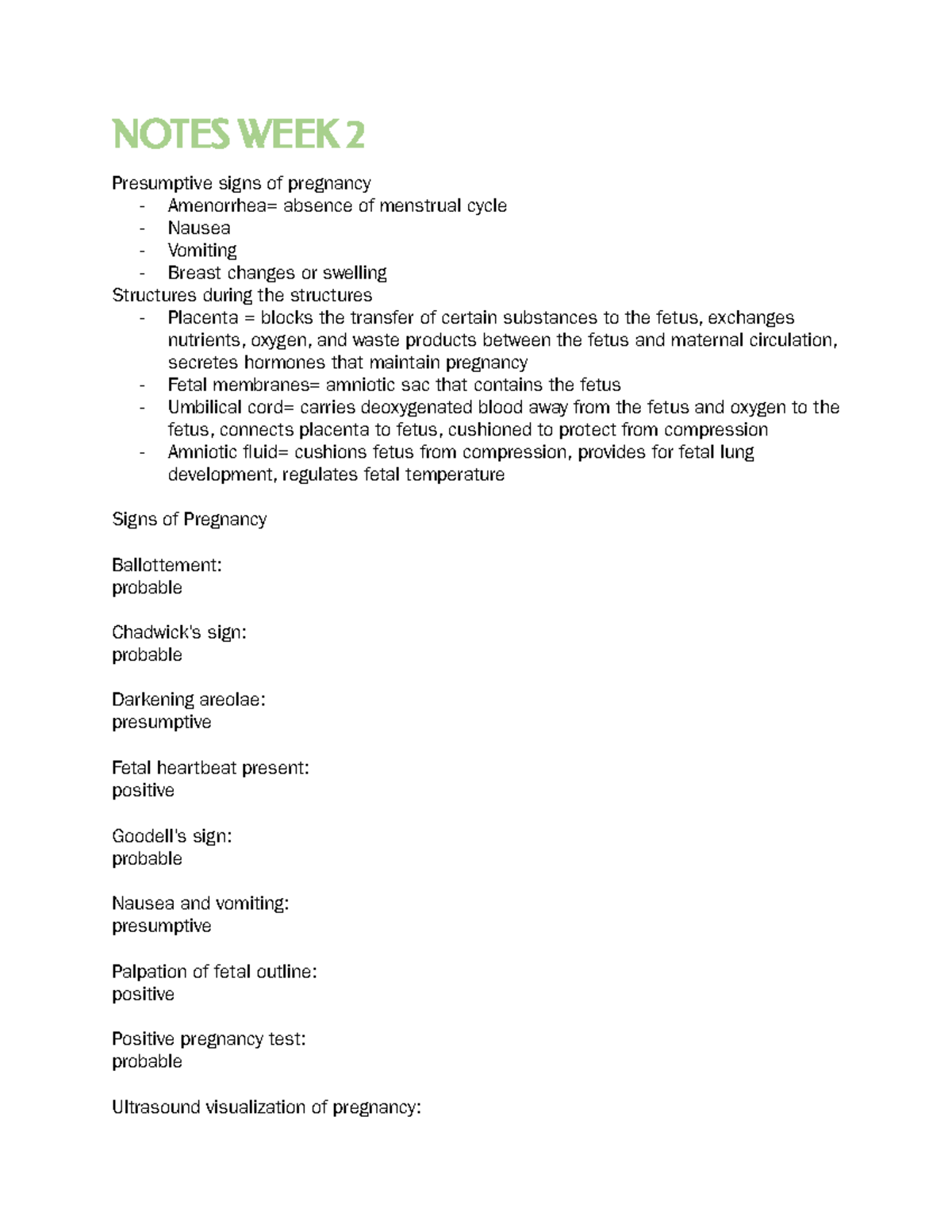 Notes WEEK 2 - EXAM PREP - NOTES WEEK 2 Presumptive signs of pregnancy ...
