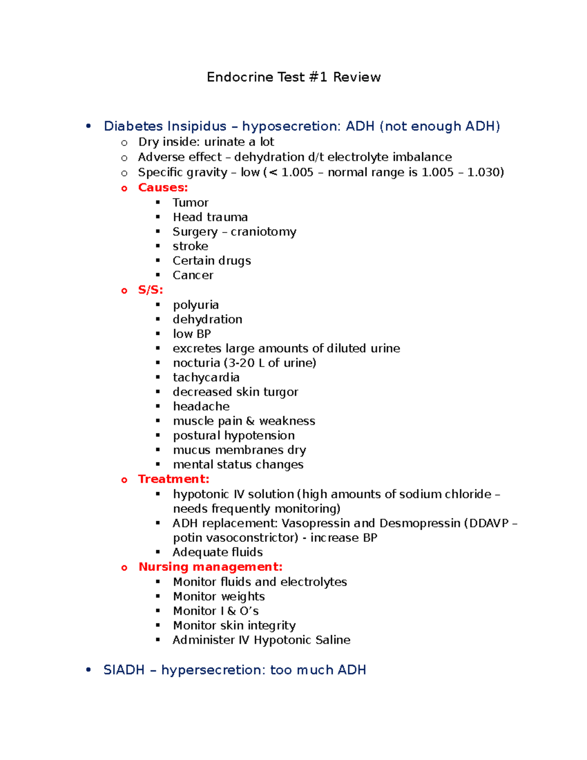 Endocrine test review - notes - Endocrine Test #1 Review Diabetes ...