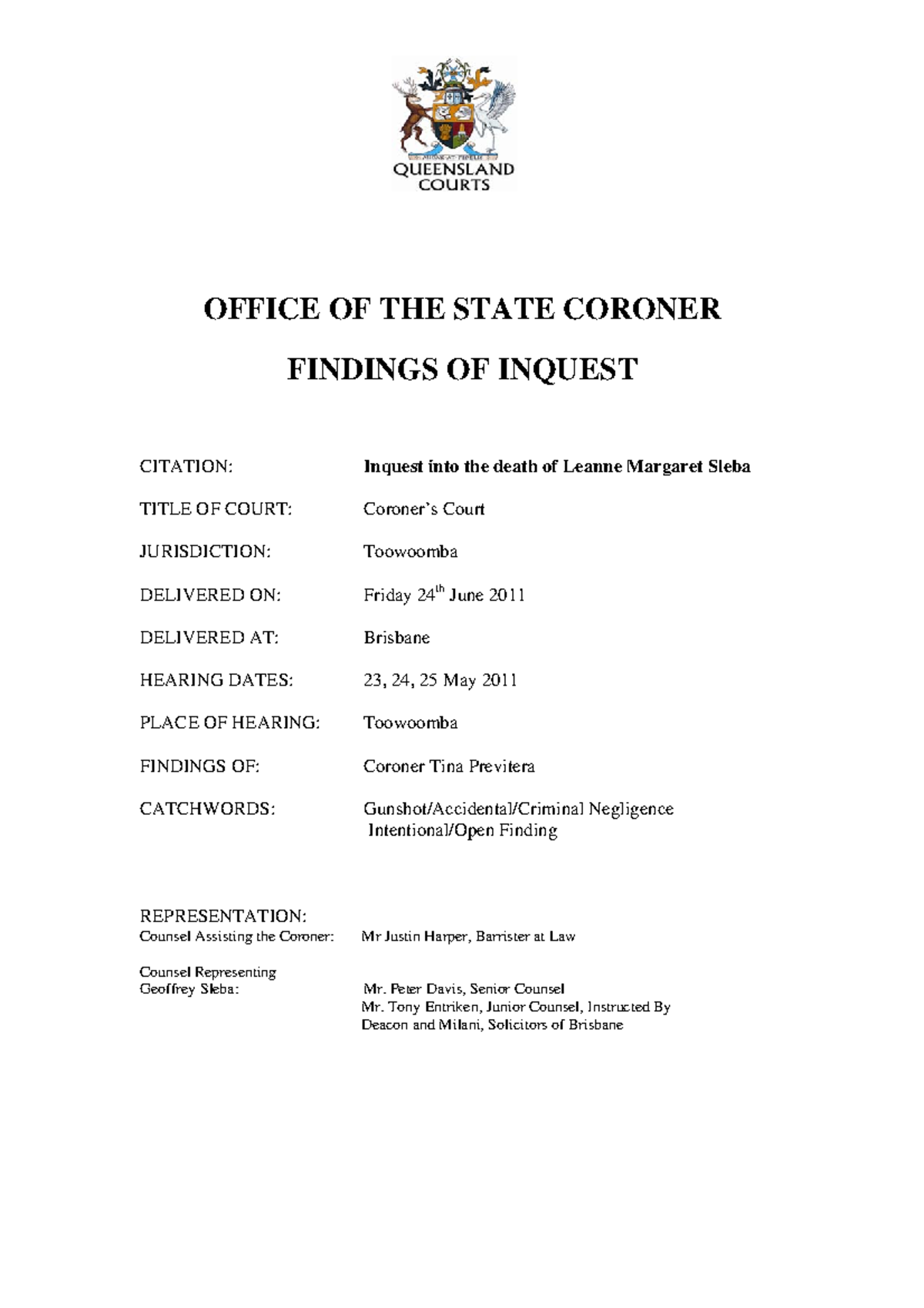 Selba Coroner Report - For tutorial questions - OFFICE OF THE STATE ...