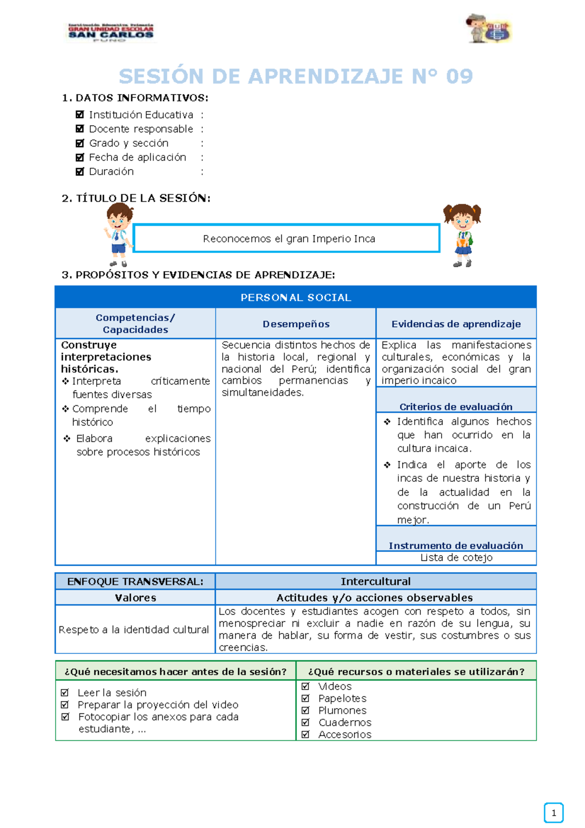 1.- Sesiones de aprendizaje - EDA V Semana 2 - SESIÓN DE APRENDIZAJE N° 09 1. DATOS INFORMATIVOS ...
