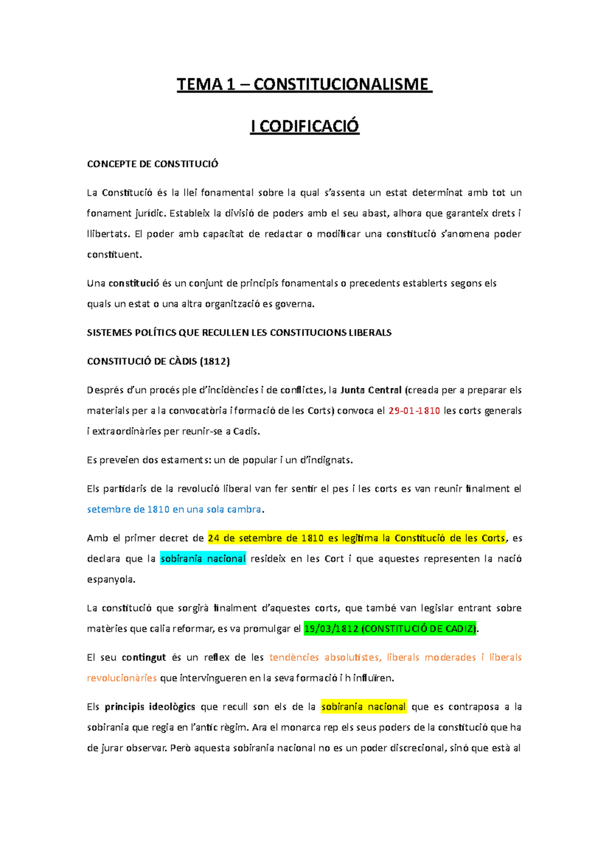 Apunts bàsics història tots els temes - TEMA 1 – CONSTITUCIONALISME I CODIFICACIÓ CONCEPTE DE ...