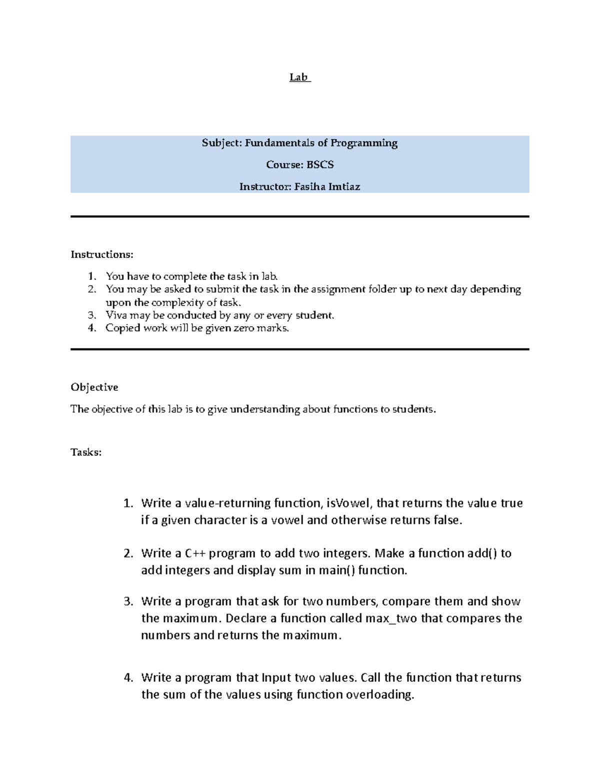FOP LAB functionsLab Subject: Fundamentals of Programming Course: BSCS Instructor: Fasiha Imtiaz ...