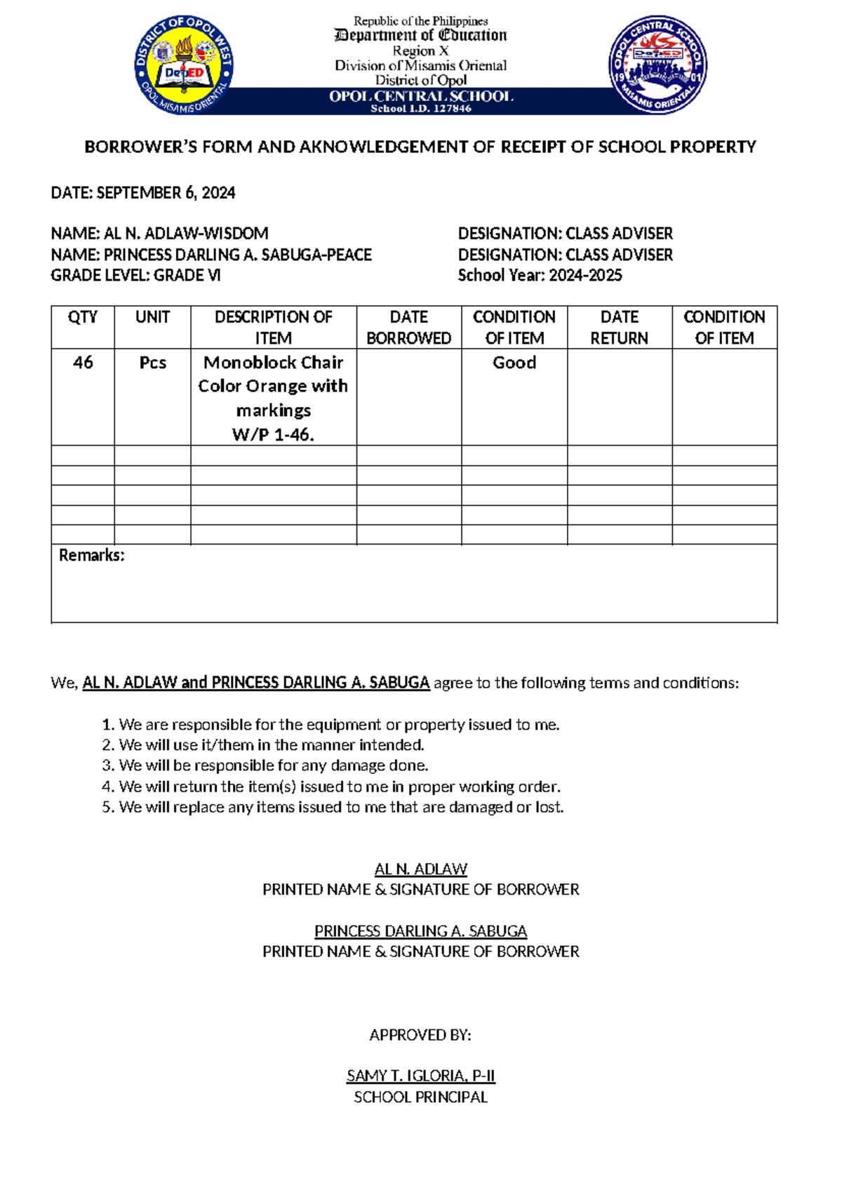 Borrower SLIP - BORROWER’S FORM AND AKNOWLEDGEMENT OF RECEIPT OF SCHOOL ...