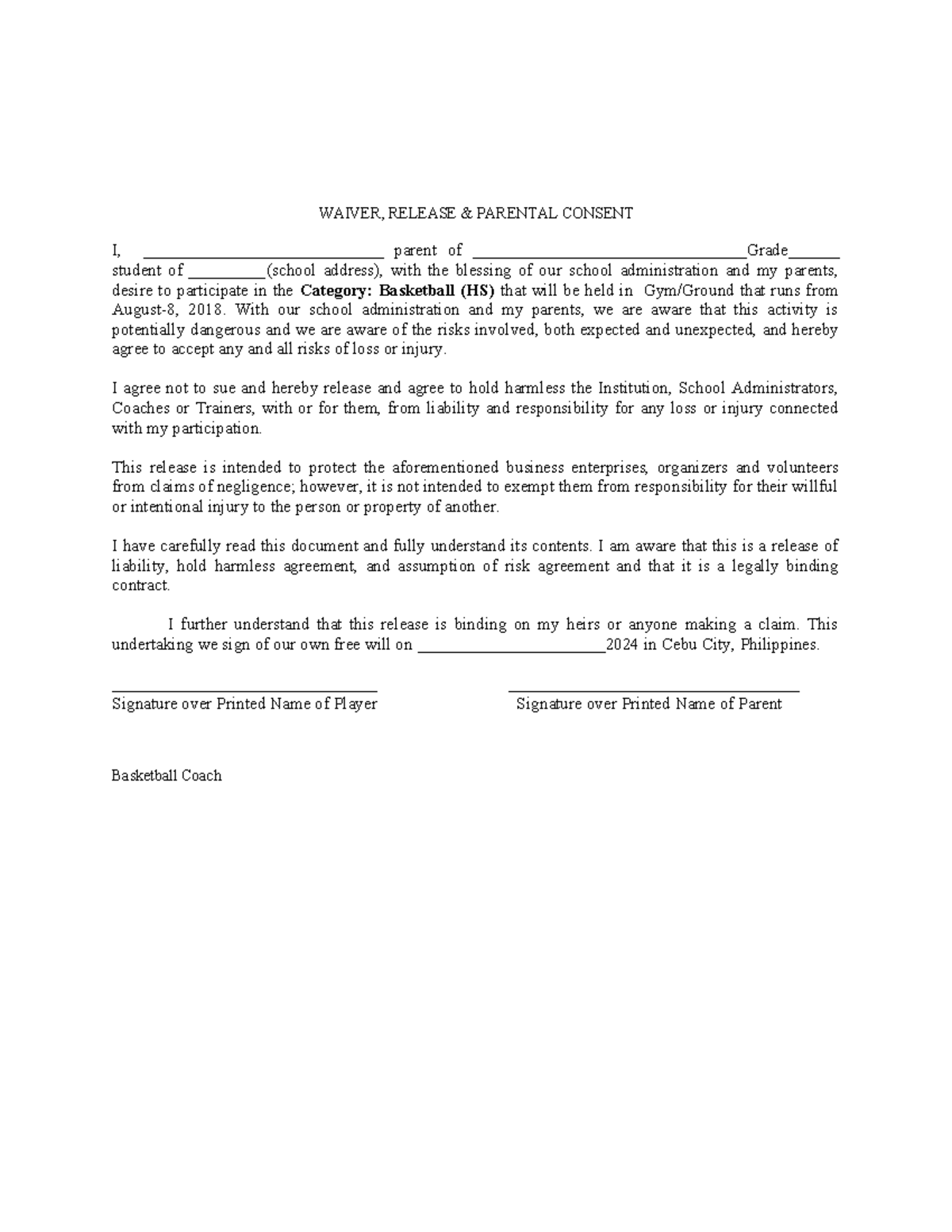 Sample waiver - WAIVER, RELEASE & PARENTAL CONSENT I ...
