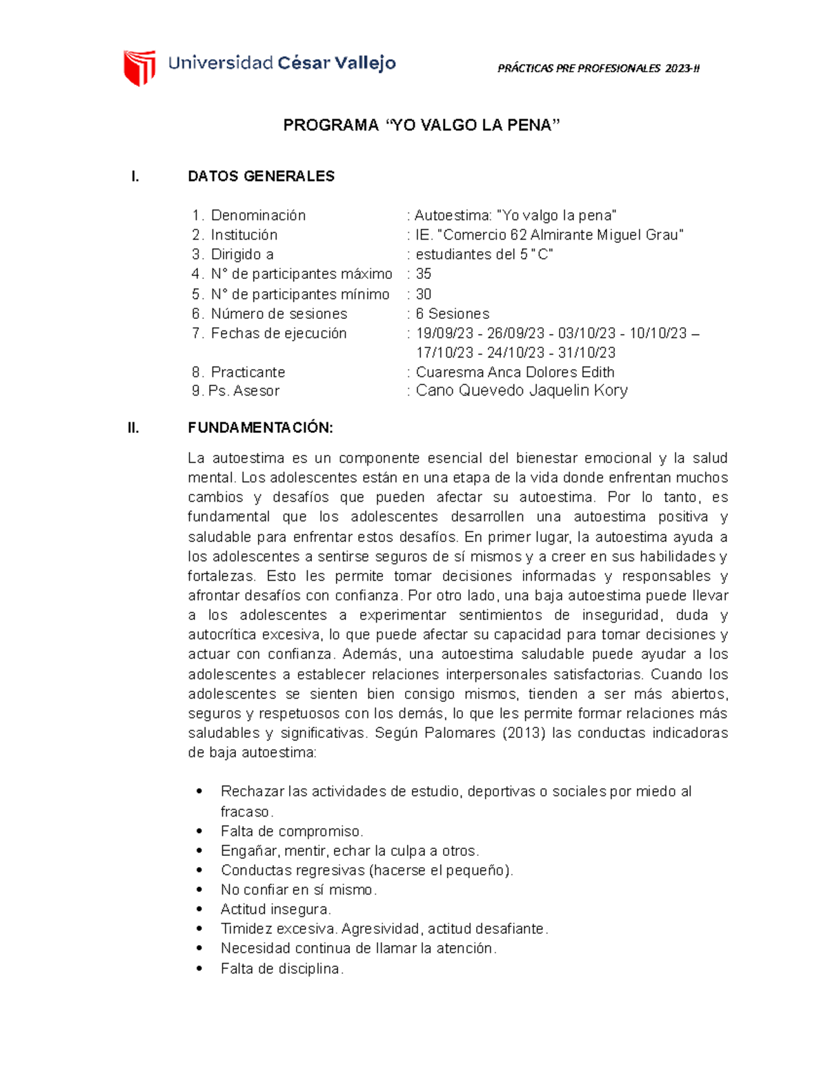 Programa autoestima yo valgo la pena - PROGRAMA “YO VALGO LA PENA” I ...