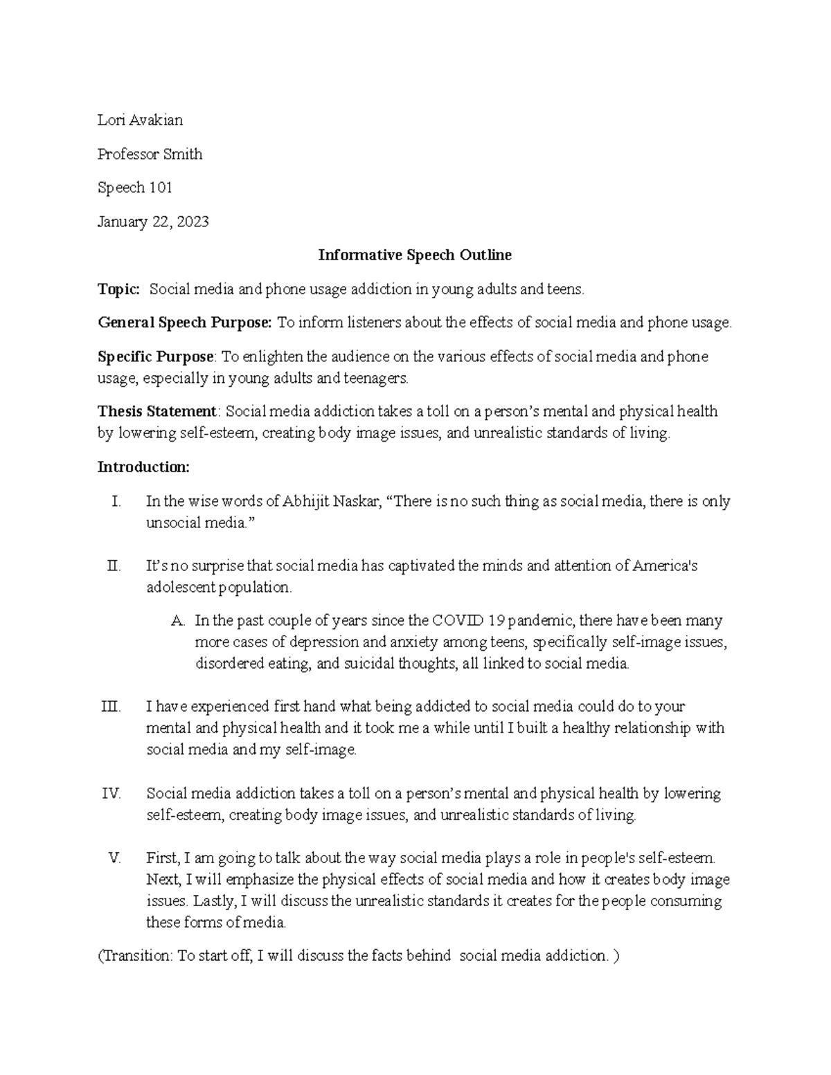 Informative Speech Outline-(final) - Lori Avakian Professor Smith ...