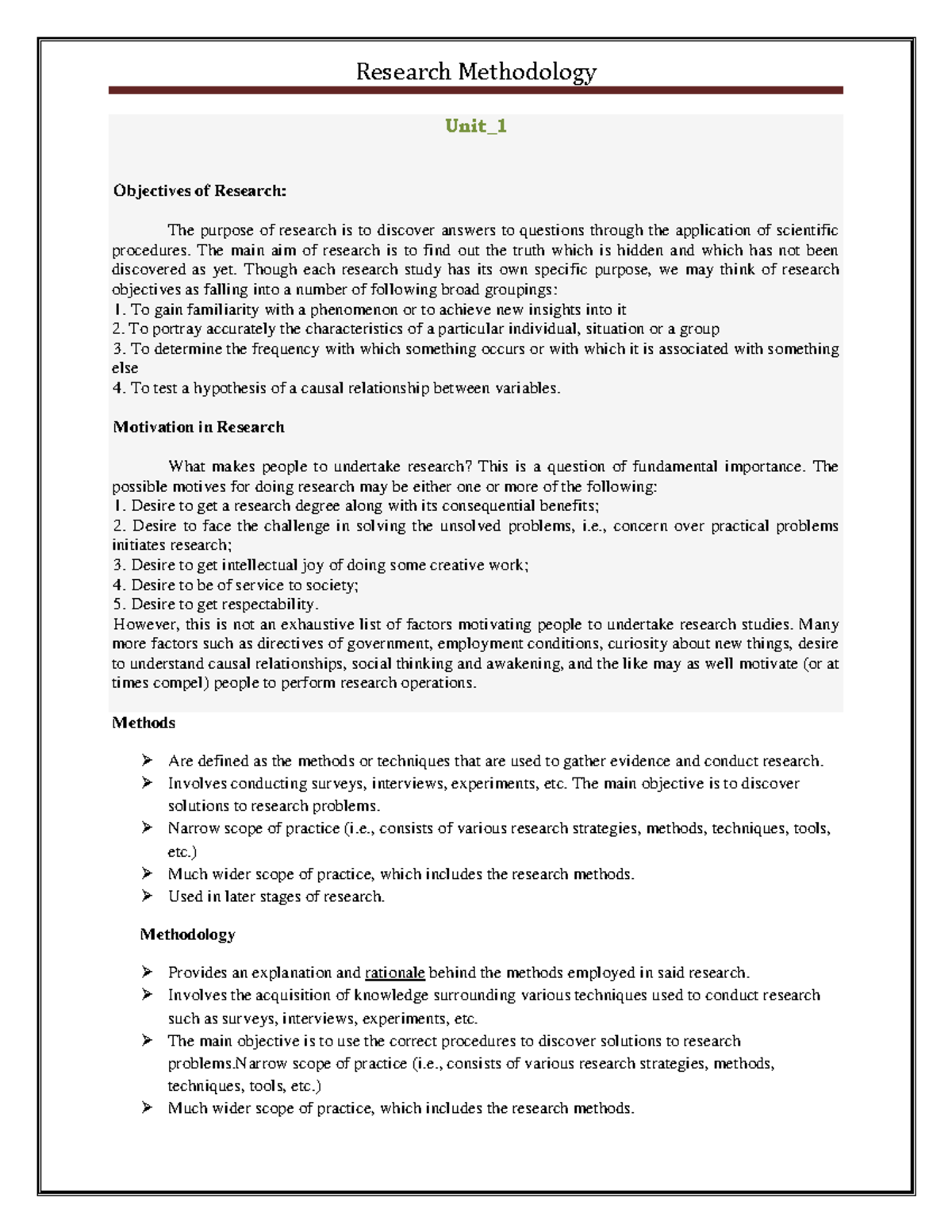 Research Methodology - Lecture Notes - Unit_ ####### Objectives of ...