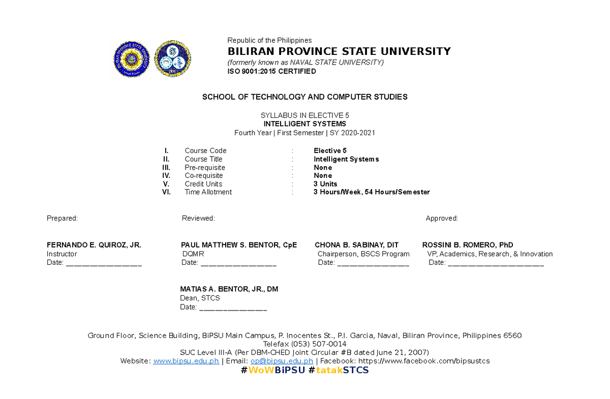 Intelligent Systems - SCHOOL OF TECHNOLOGY AND COMPUTER STUDIES ...