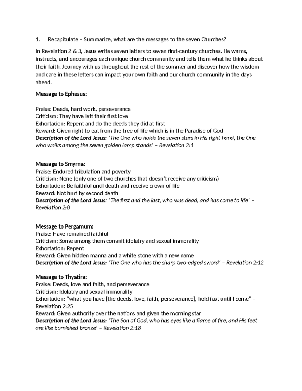 Revelation assignment - Recapitulate – Summarize, what are the messages ...