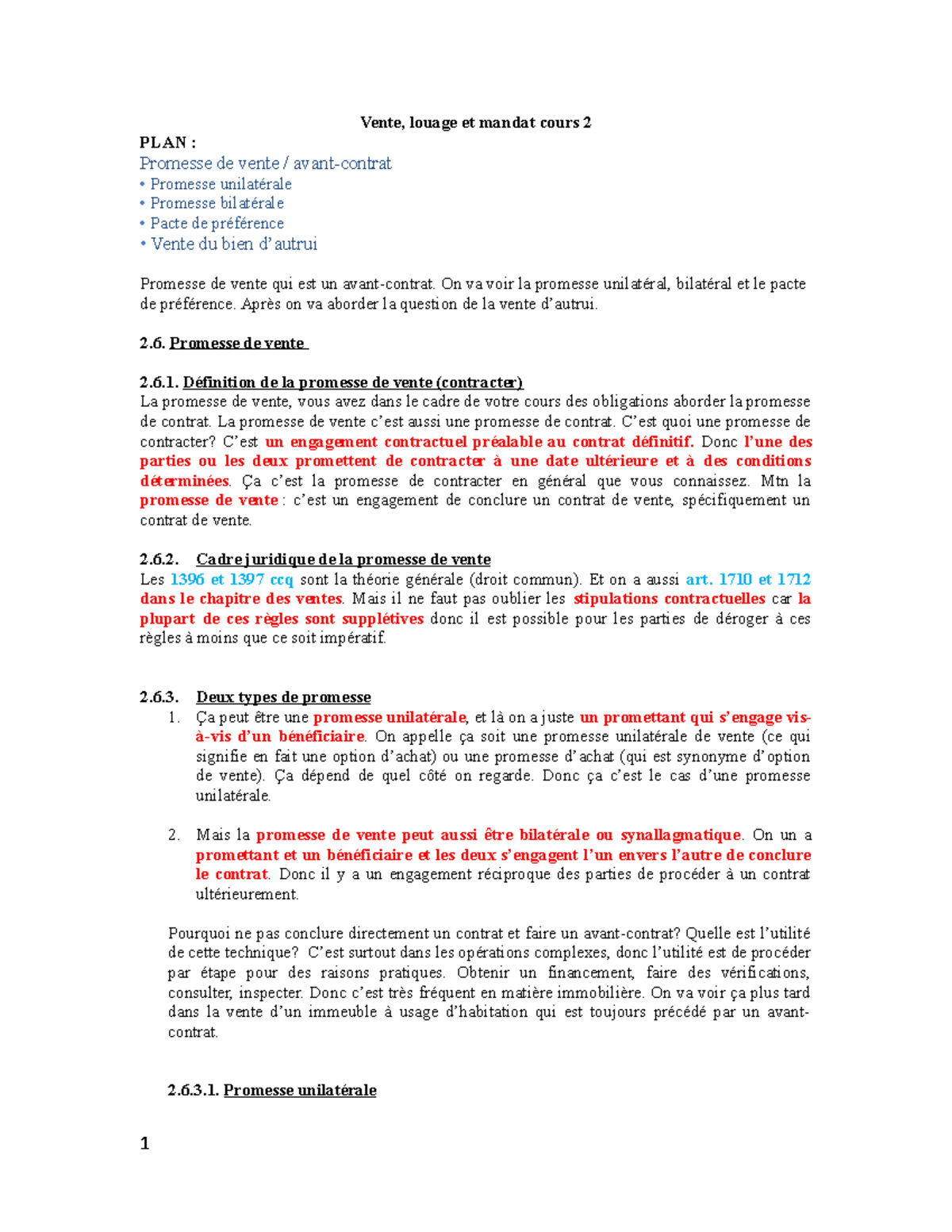 Vente louage et mandat cours 2 - On va voir la promesse unilatéral ...