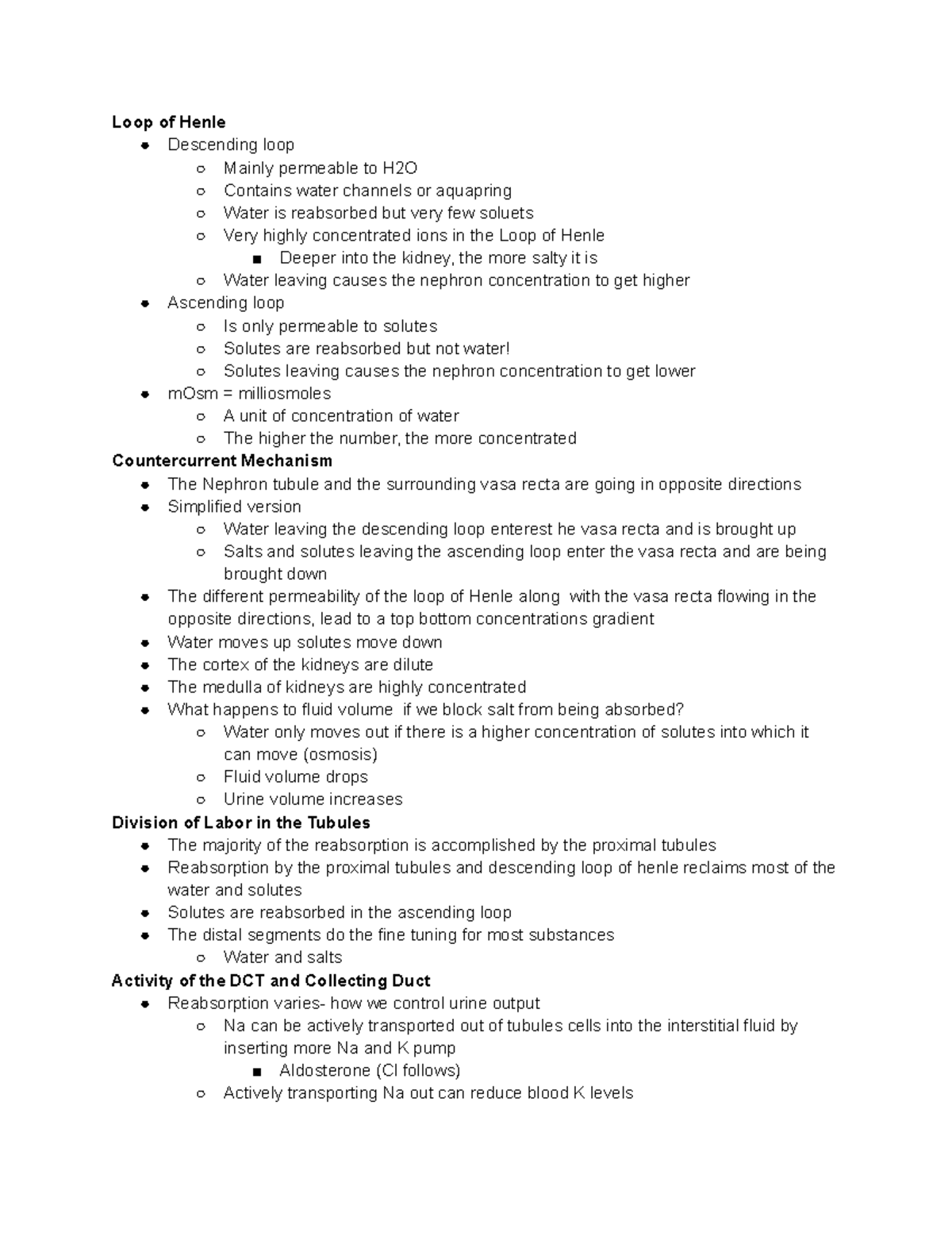 A&P 4 12 - Lecture notes 18 - Loop of Henle Descending loop Mainly ...