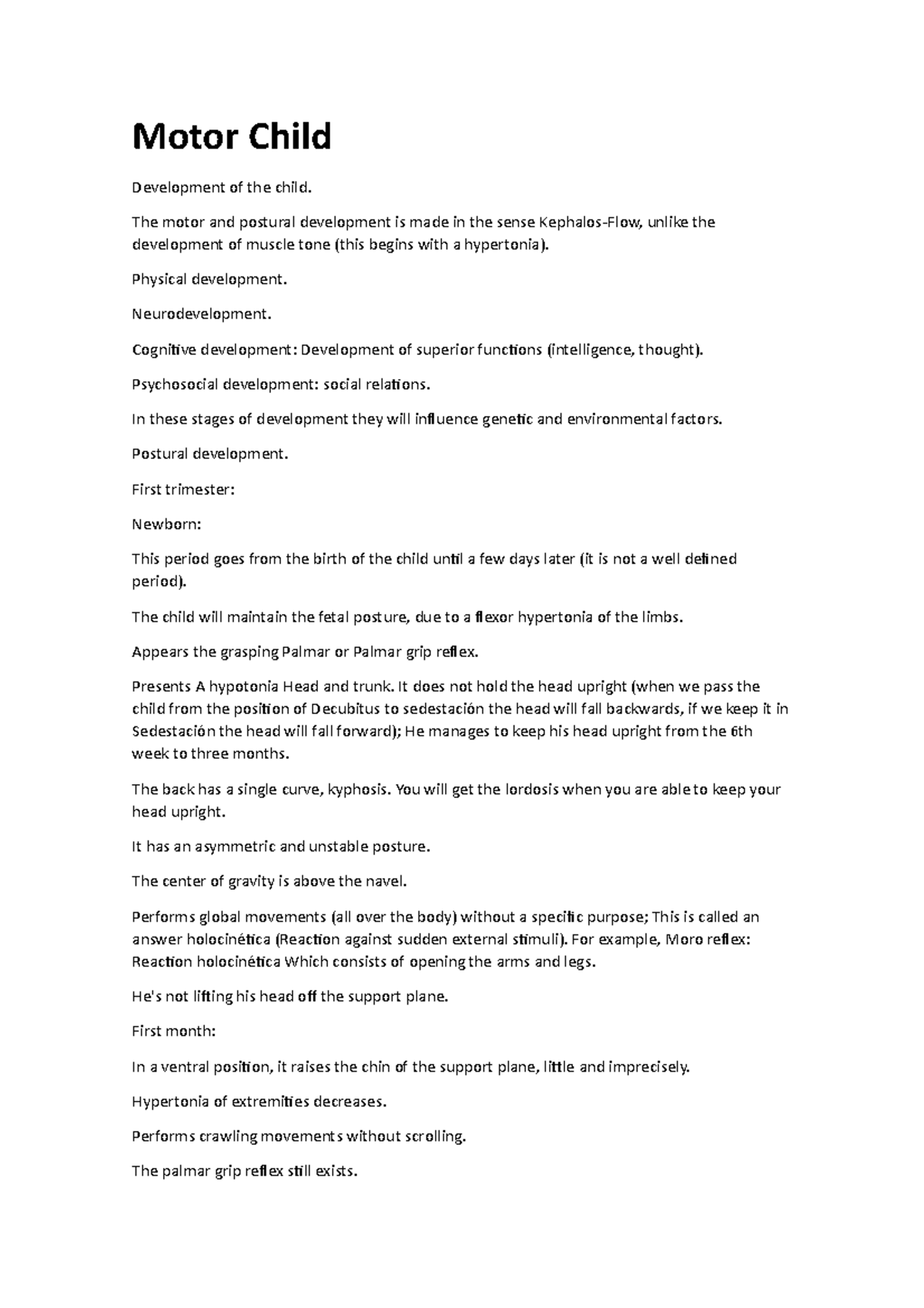 Motor Child - Lecture notes 1 - Motor Child Development of the child ...