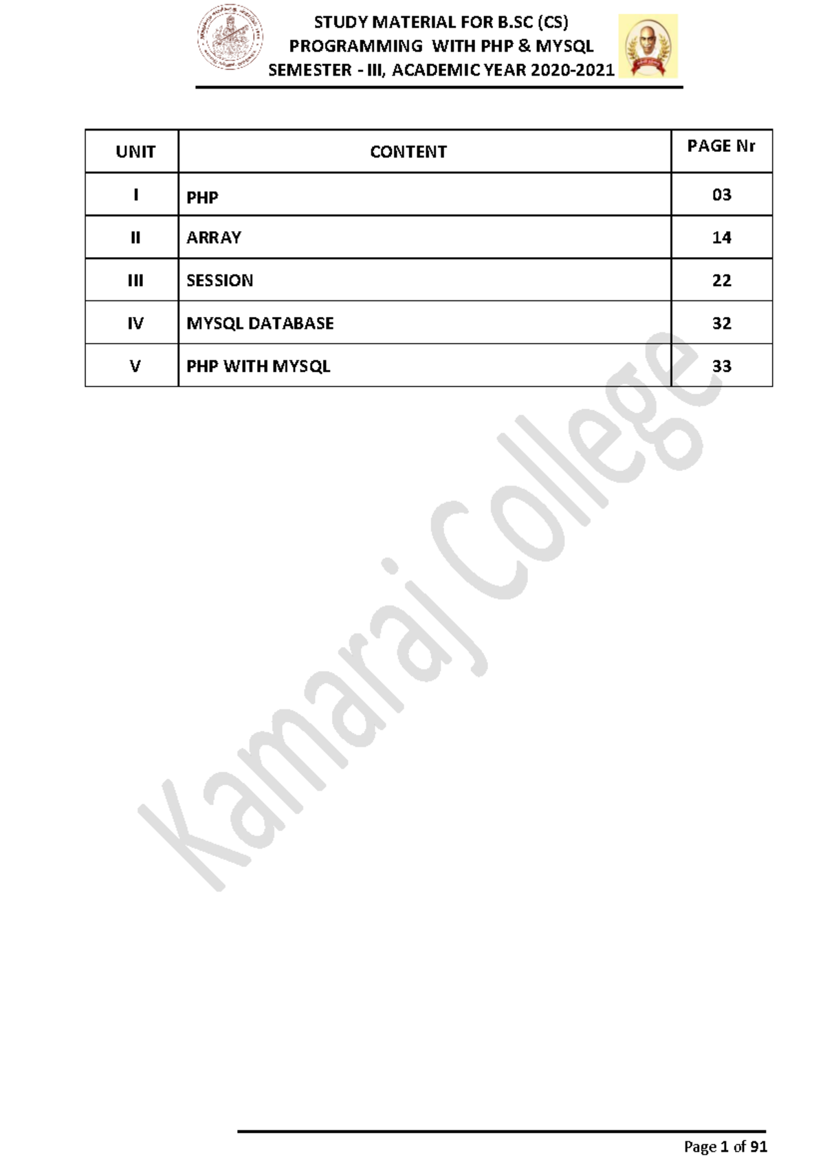 007 Skill Based I Core - Programming with PHP & Mysql - III Sem ...