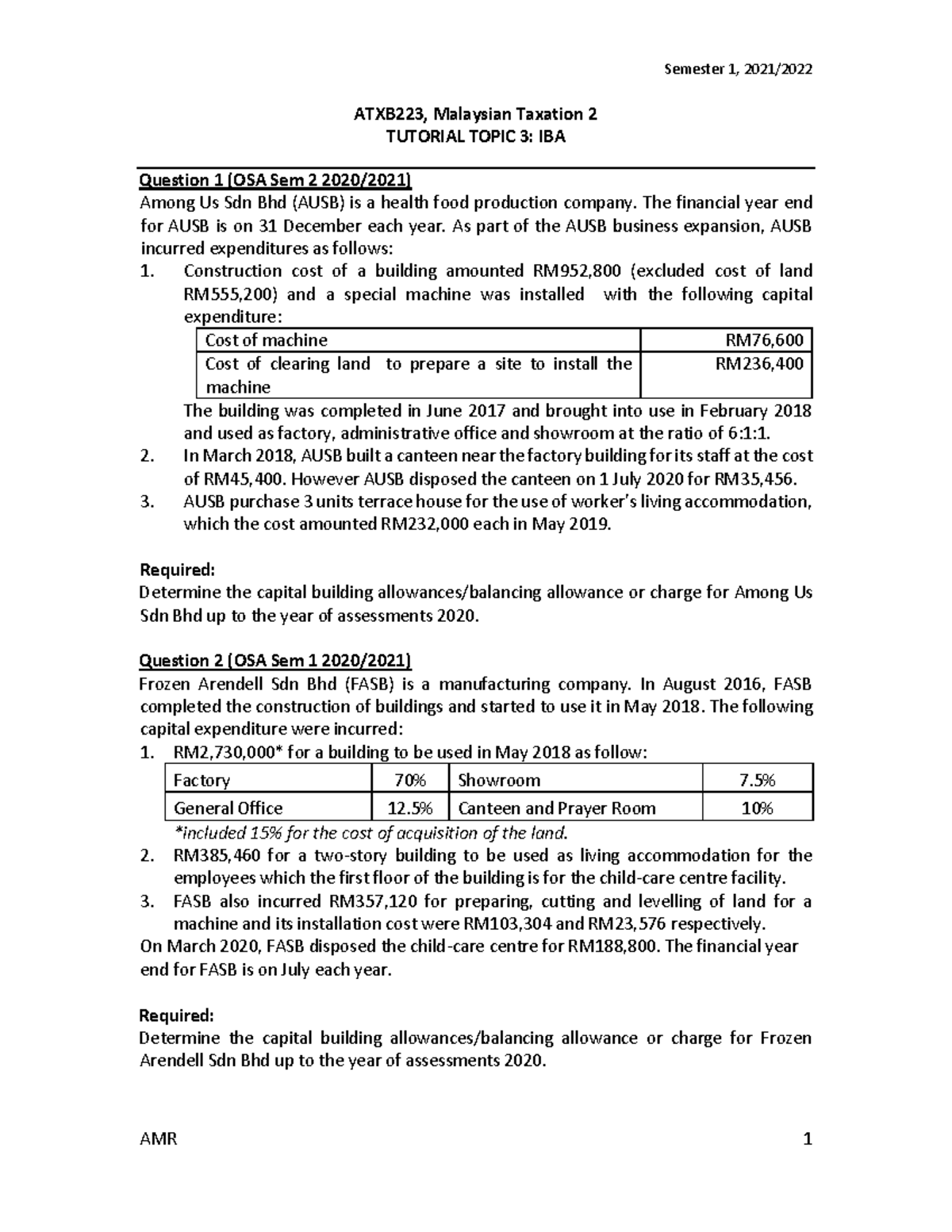 ATXB223 Topic 3a Tutorial Q Sem 1 2122 - Finance - UiTM - Studocu