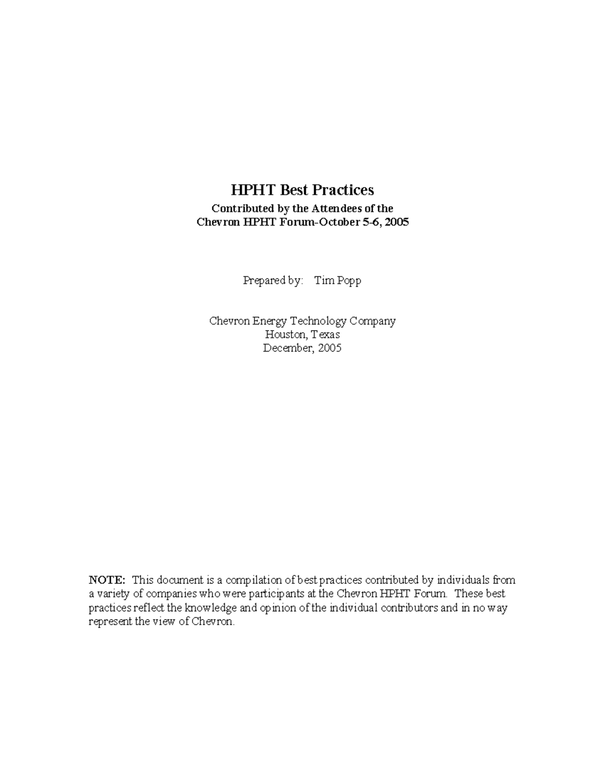 HPHT Best Practices - Chevron - HPHT Best Practices Contributed by the ...