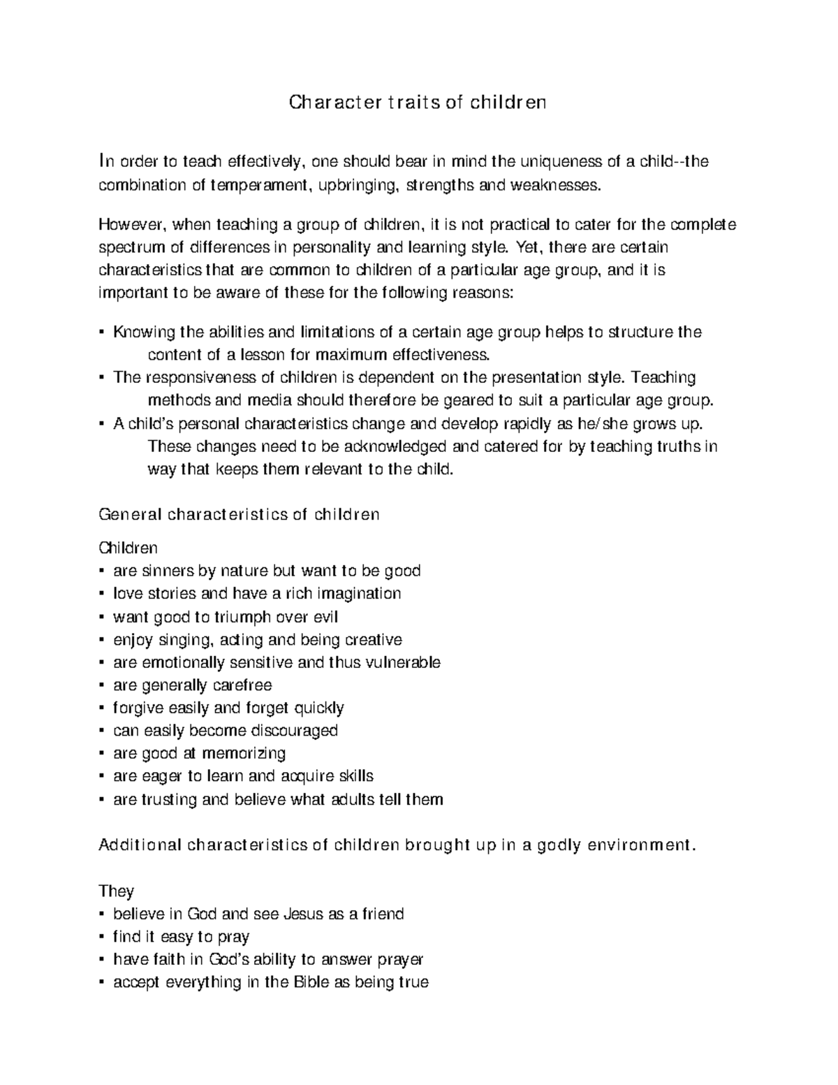 General characteristics of children - Char act er t r ait s of childr ...