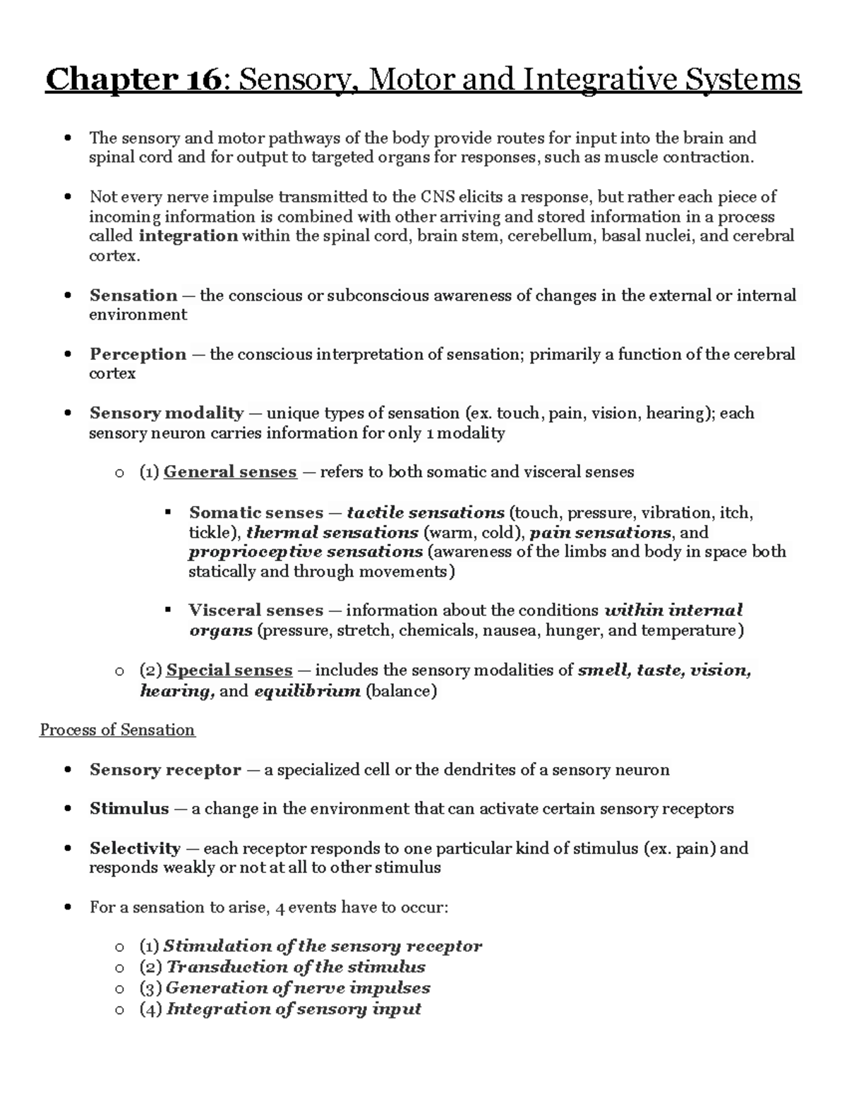 Chapter 16 Notes - Chapter 16 : Sensory, Motor and Integrative Systems ...