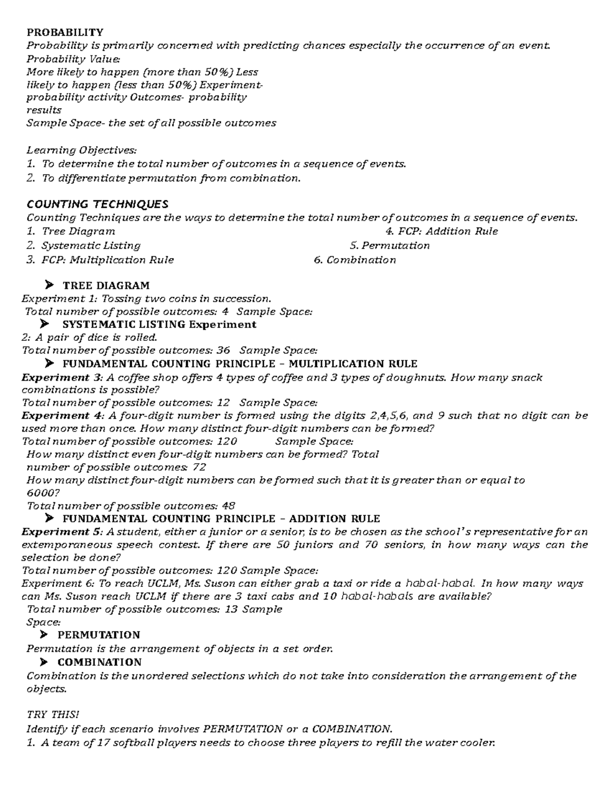Counting- Techniques - PROBABILITY Probability is primarily concerned ...