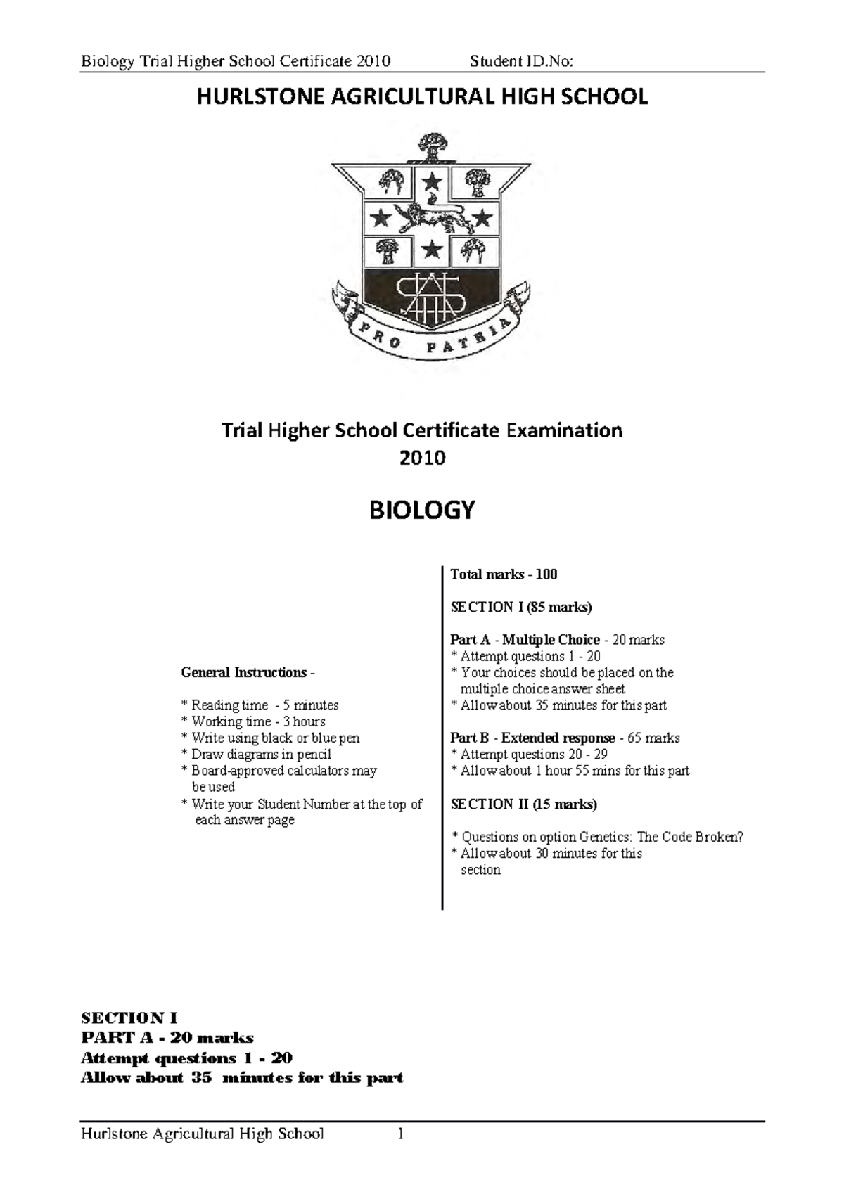 2010 Biology - Hurlstone Trial with Solutions - HURLSTONE AGRICULTURAL ...