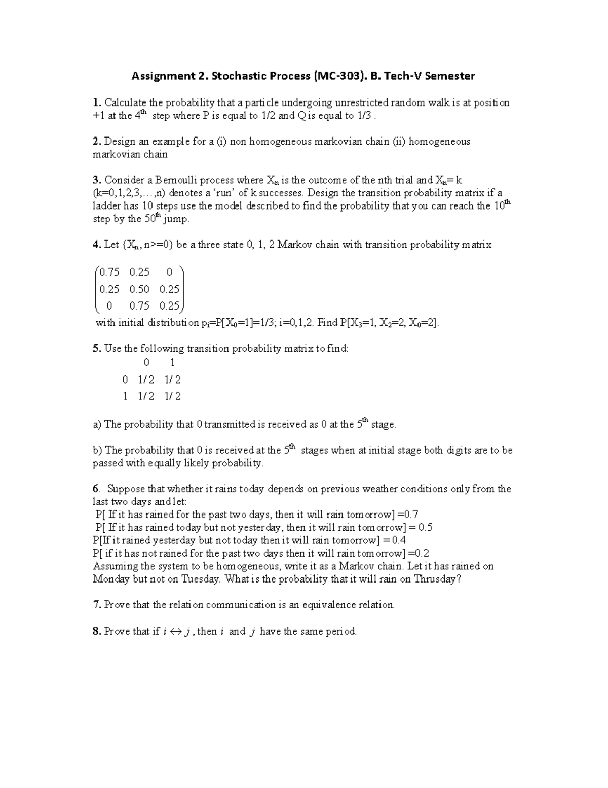 Assignment 2 Sp Mc 303 Assignment 2 Stochastic Process Mc 303 B