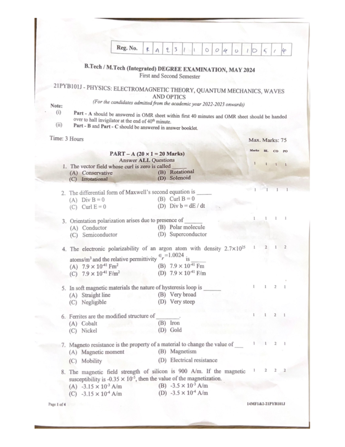 B.Tech M.Tech (Integrated) Degree Examination, MAY 2024, EEE - Physics : Electromagnetic Theory ...