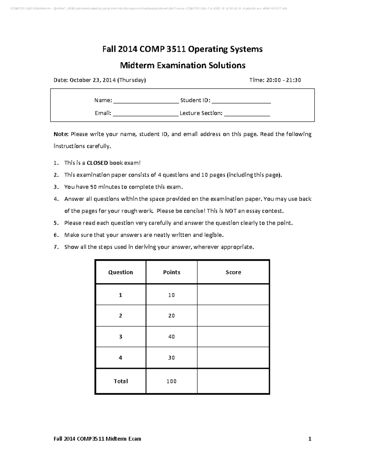 (COMP3511)[2014 ](f)midterm =7gk5mel^ 25965 - Fall 2014 COMP 3511 Operating Systems Midterm ...