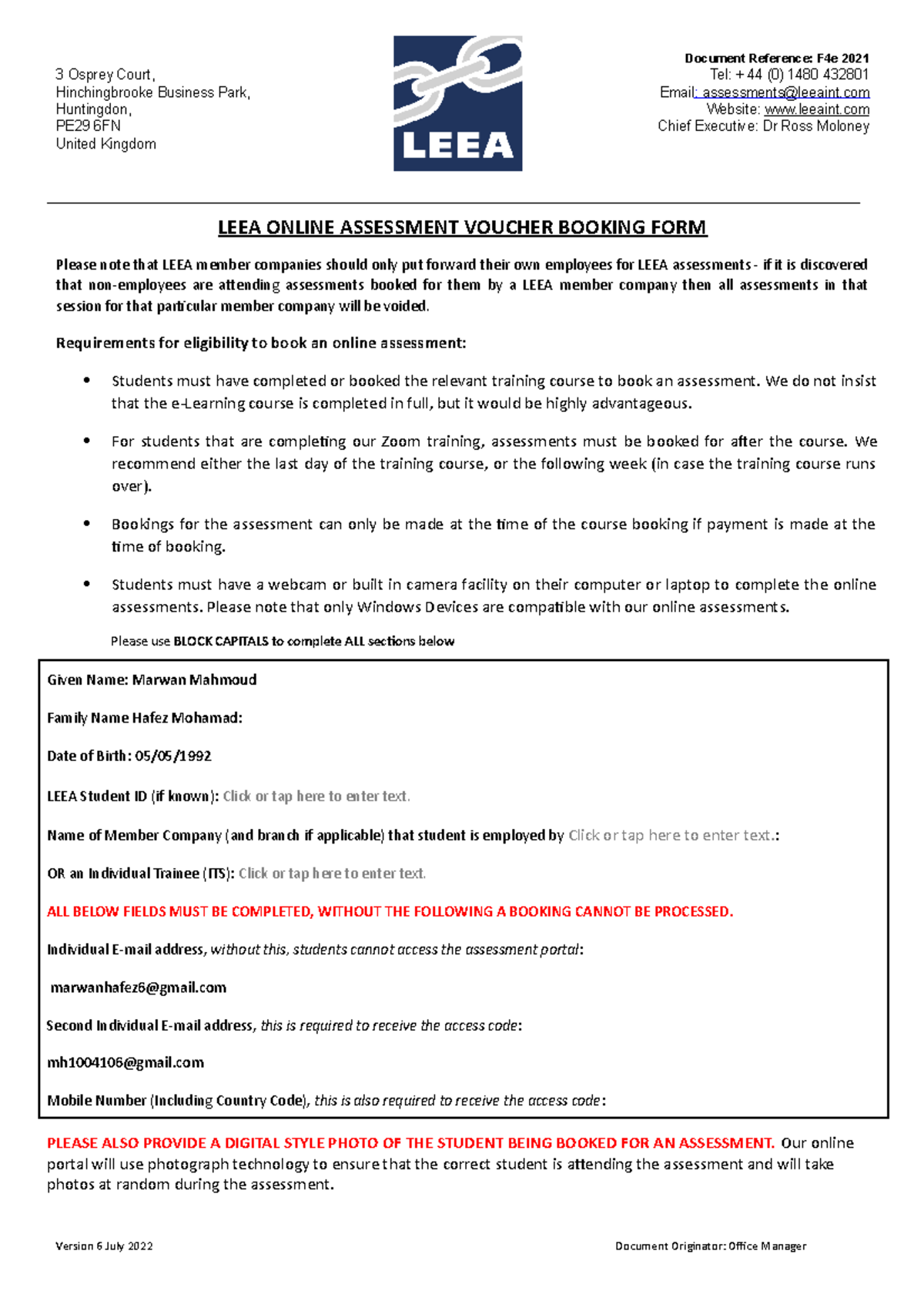 LEEA Online Assessment Voucher Booking FORM - LEEA ONLINE ASSESSMENT VOUCHER BOOKING FORM Please ...