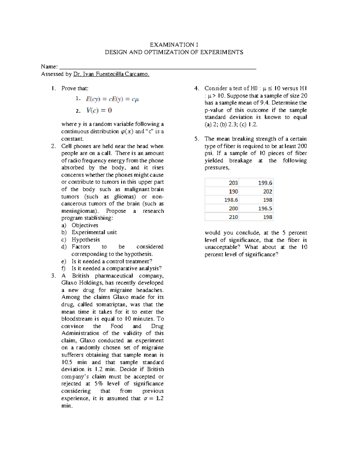 Exam I - Examen 1 - EXAMINATION I DESIGN AND OPTIMIZATION OF ...