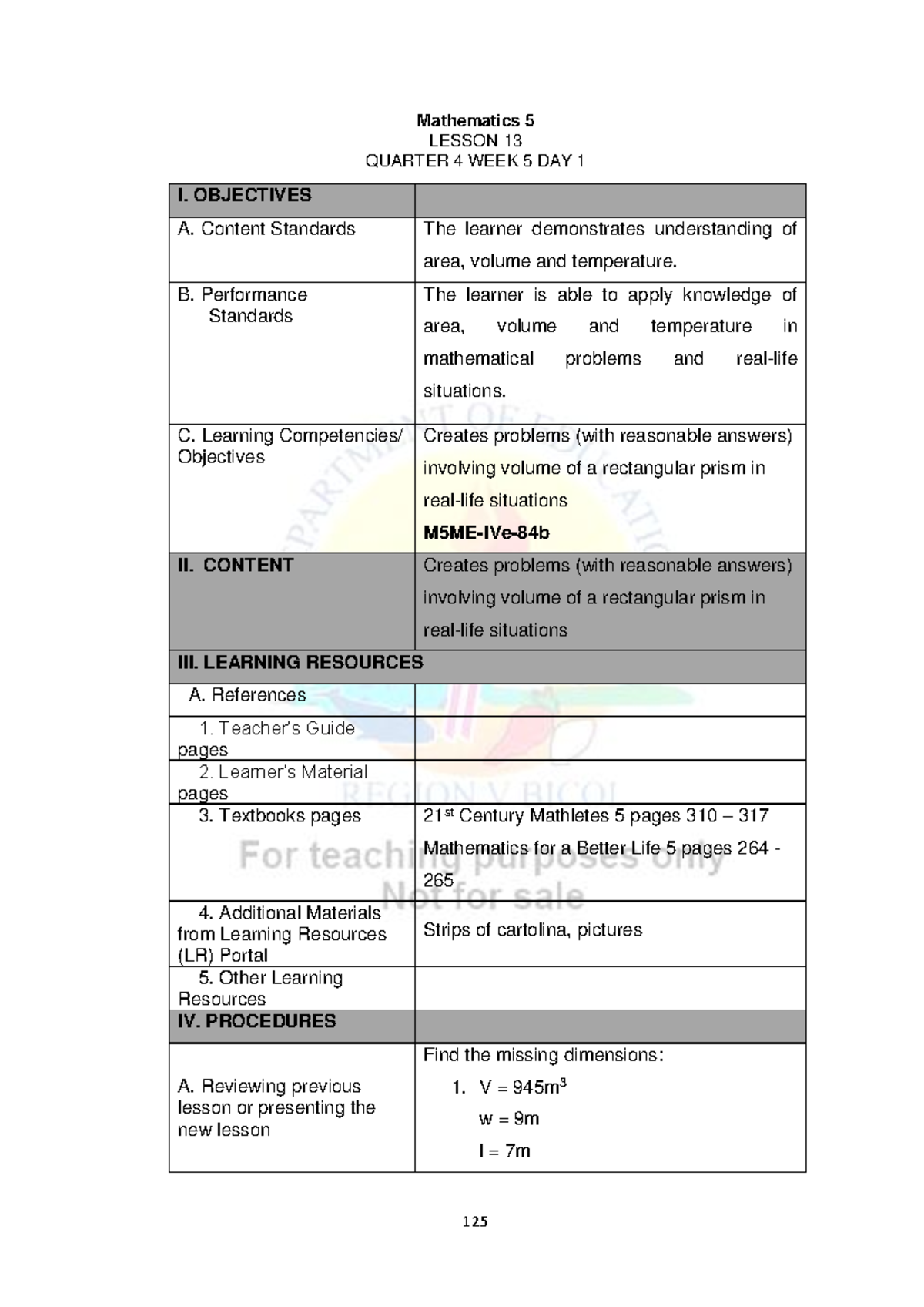 lesson plan for grade 5 math temperature - Mathematics 5 LESSON 13 ...