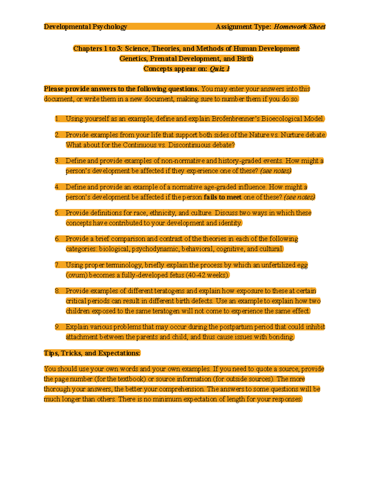 Dev homework 1-3 - class work - Developmental Psychology Assignment ...